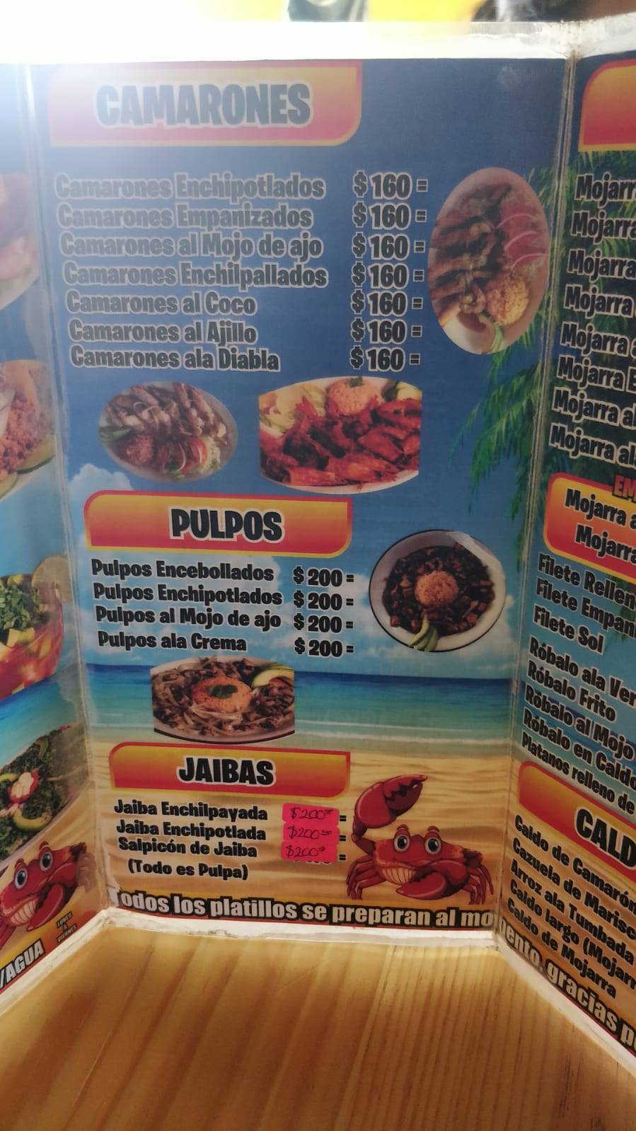 Carta de Restaurant de Mariscos Los Chikos Damian, Valente Díaz