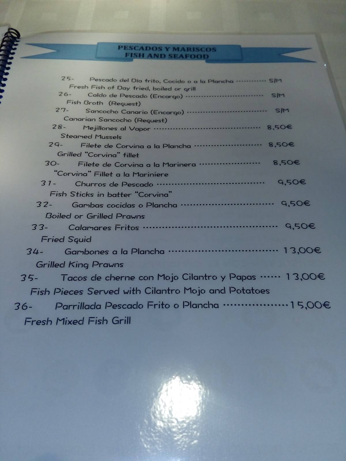 Menu at Restaurante Casa Jose, Playa Blanca, Calle