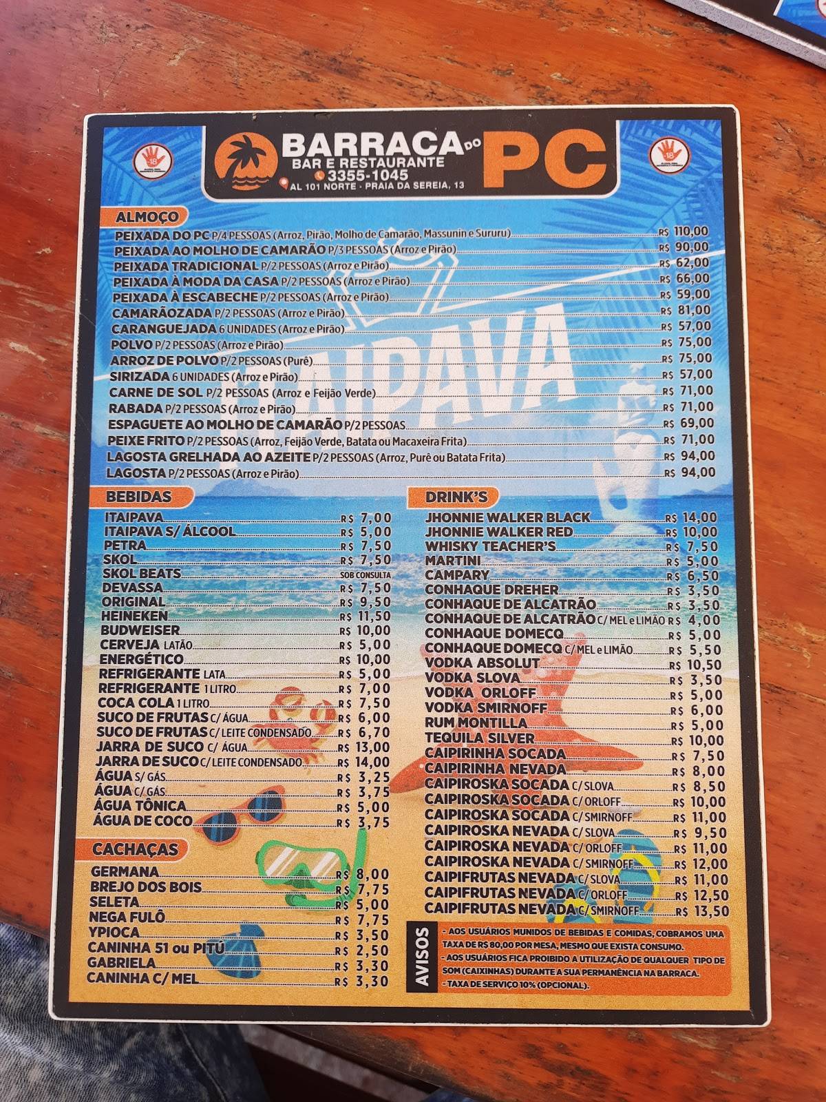 Menu em Restaurante do Pc, Maceió