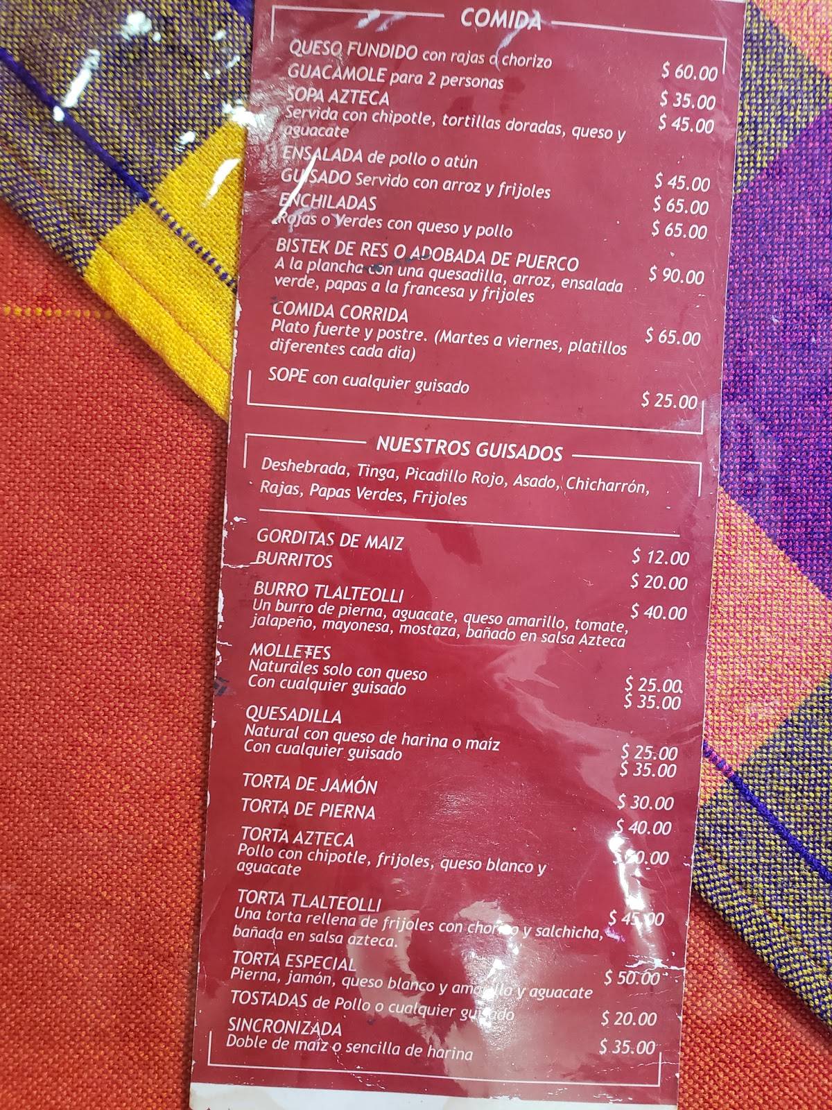 Carta de Restaurant Rincón Azteca, Durango, Calle 5 de Febrero 1117