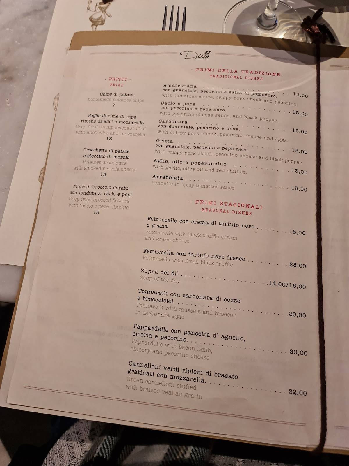 Menu at Ristorante Dillà, Rome