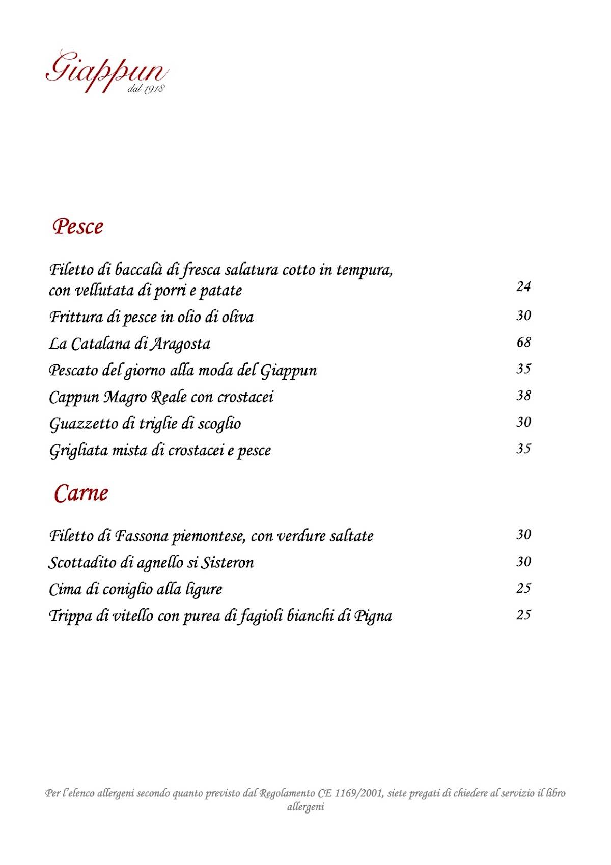 Menu da Giappun dal 1918 ristorante, Vallecrosia