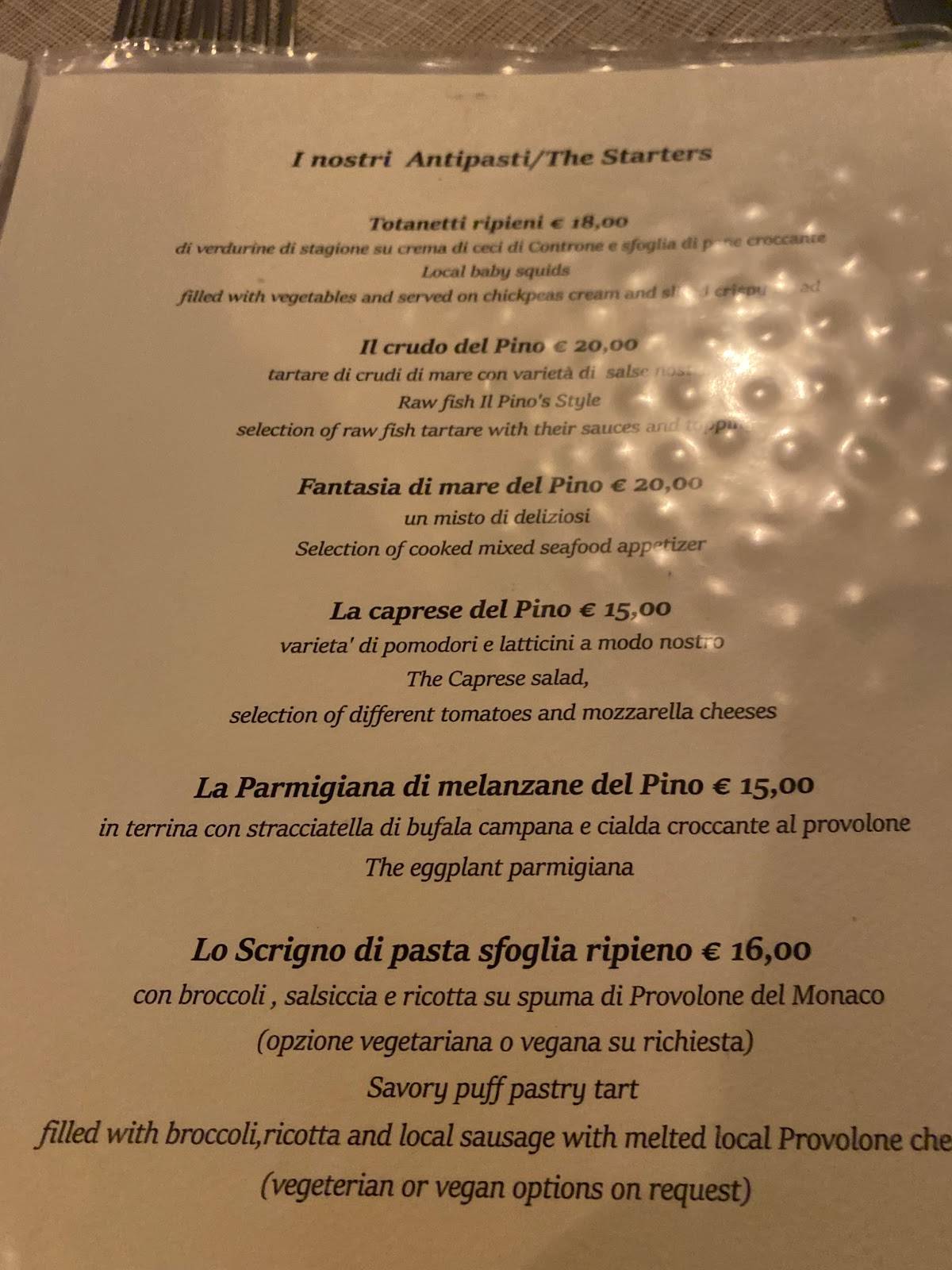 Menu at Ristorante Il Pino, Praiano, Via Gennaro Capriglione