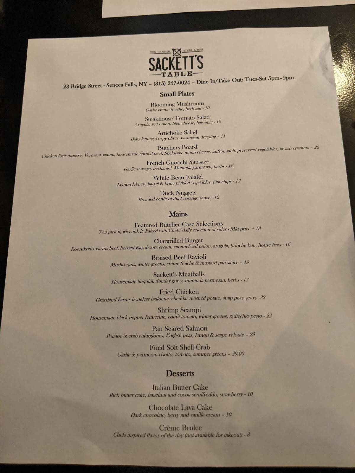 Menu at Sackett's Table Restaurant & Market, Seneca Falls