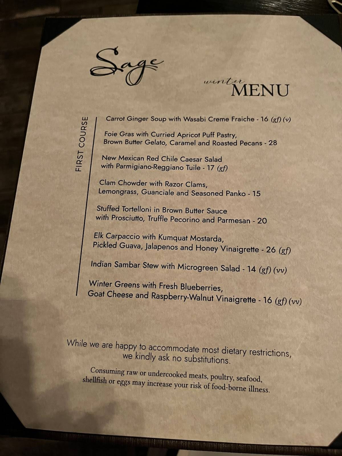 Menu at Sage restaurant, Sarasota