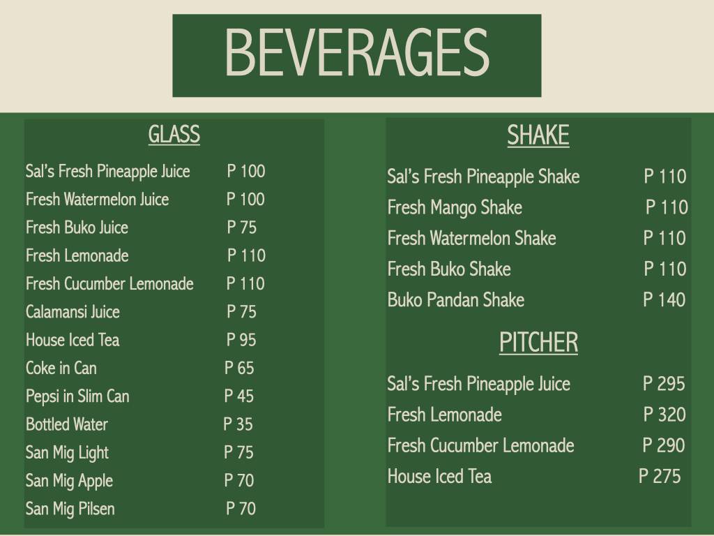 Menu at Sal's Restaurant Tacloban, Tacloban City