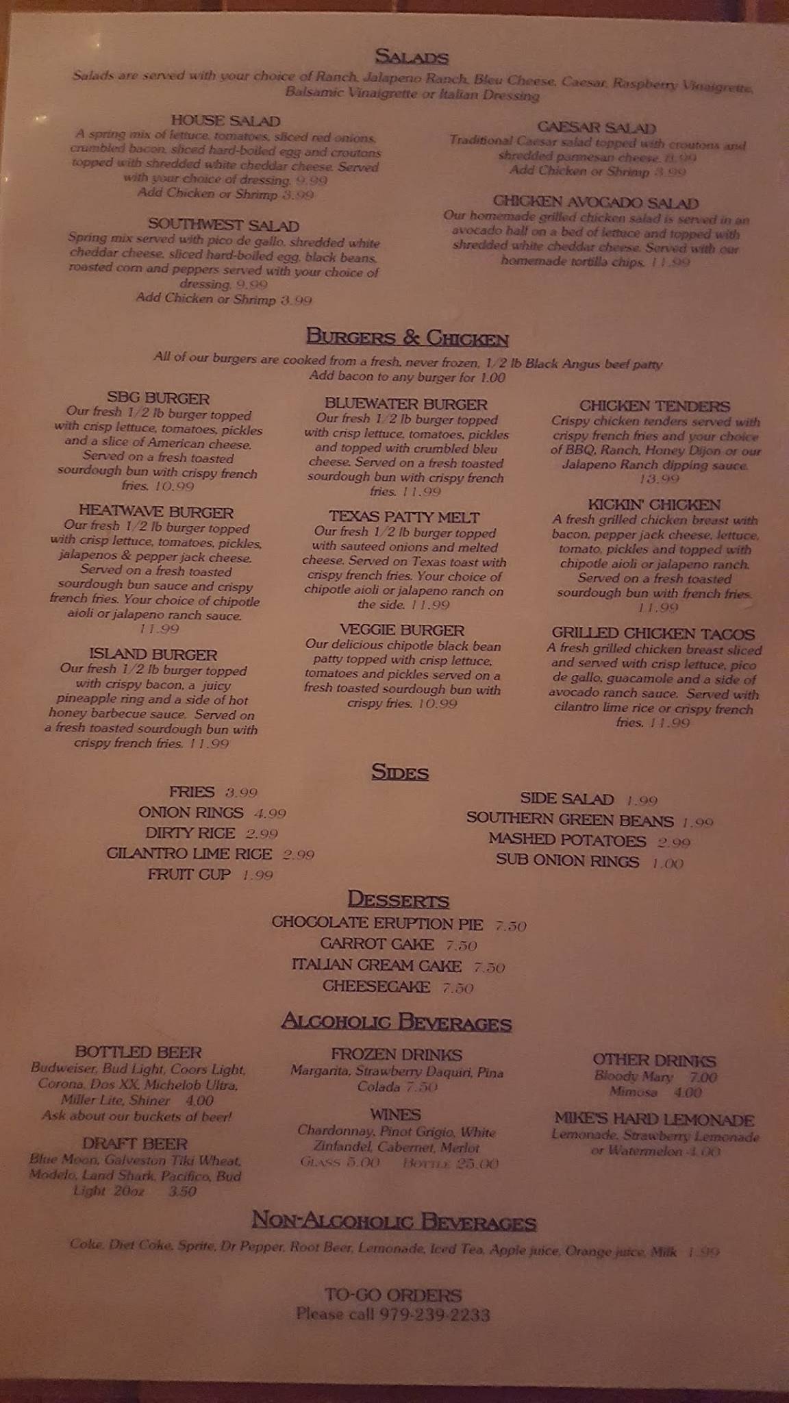 Menu at Seahorse Bar & Grill, Surfside Beach