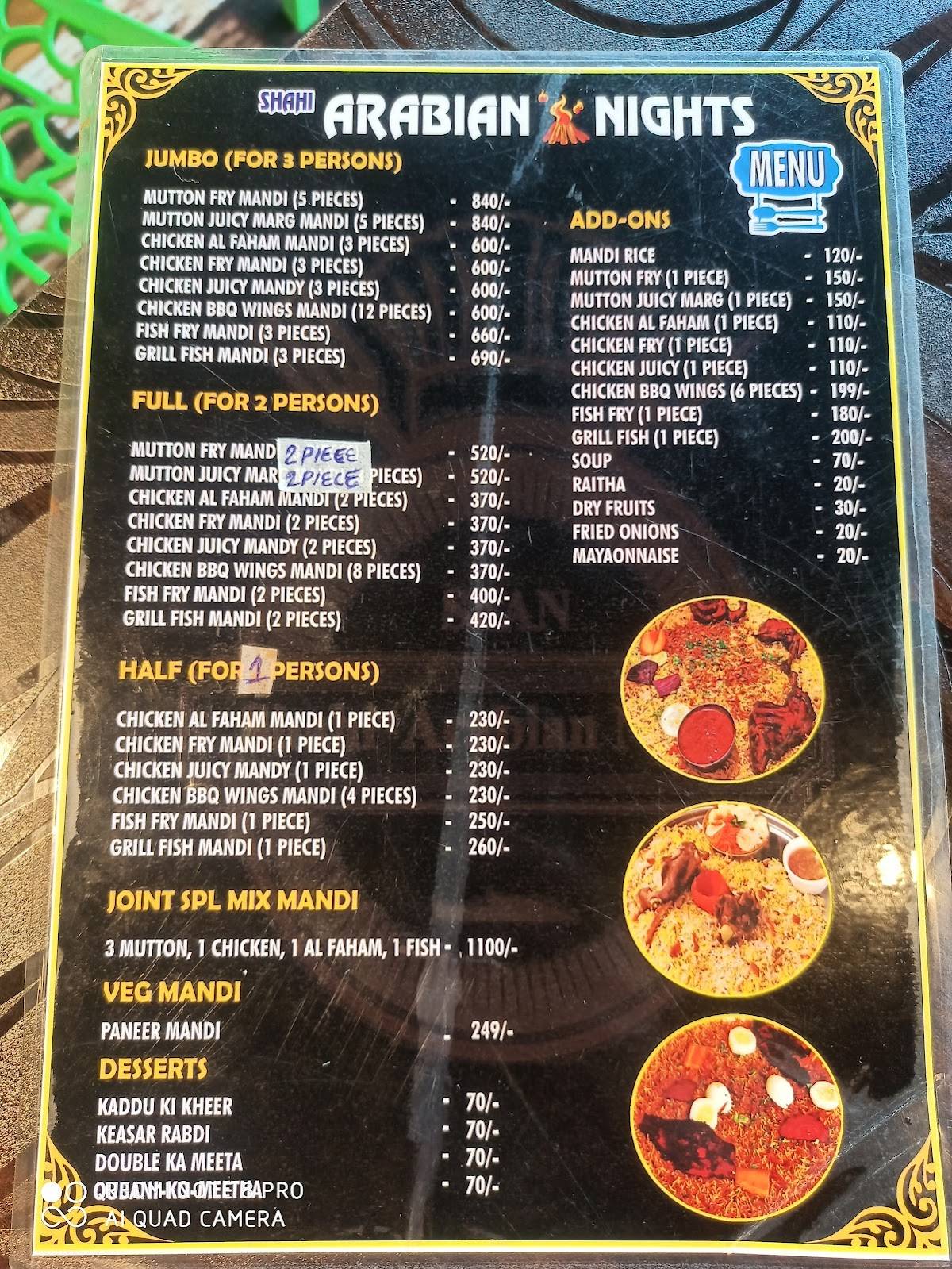 Menu at Shahi ARABIAN NIGHTS Mandi, Hyderabad