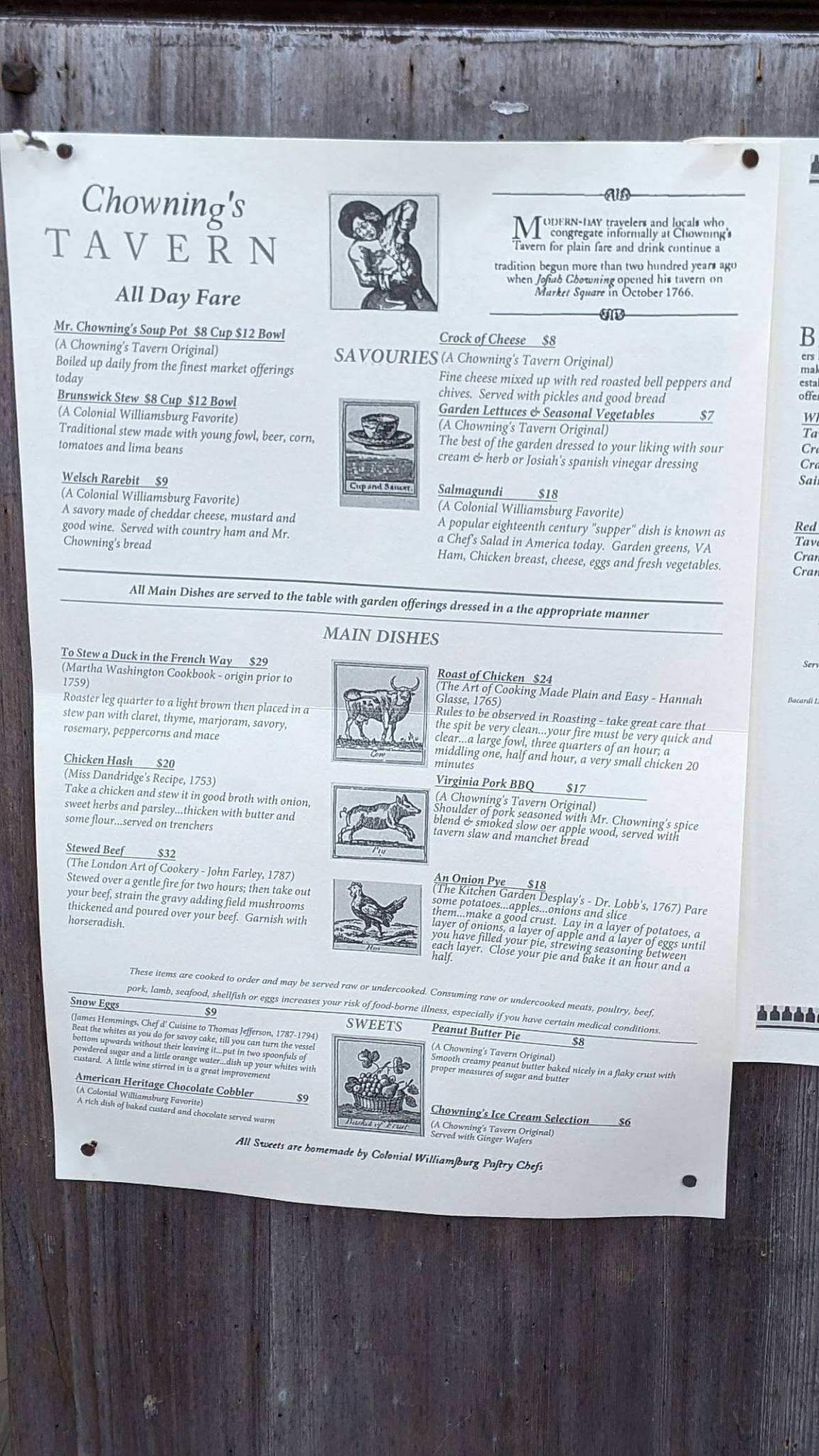 Menu at Shields Tavern restaurant, Williamsburg