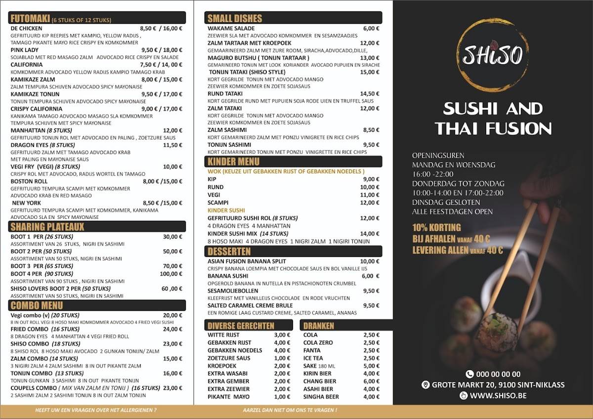 Speisekarte von Shiso sushi and thai, Sint-Niklaas