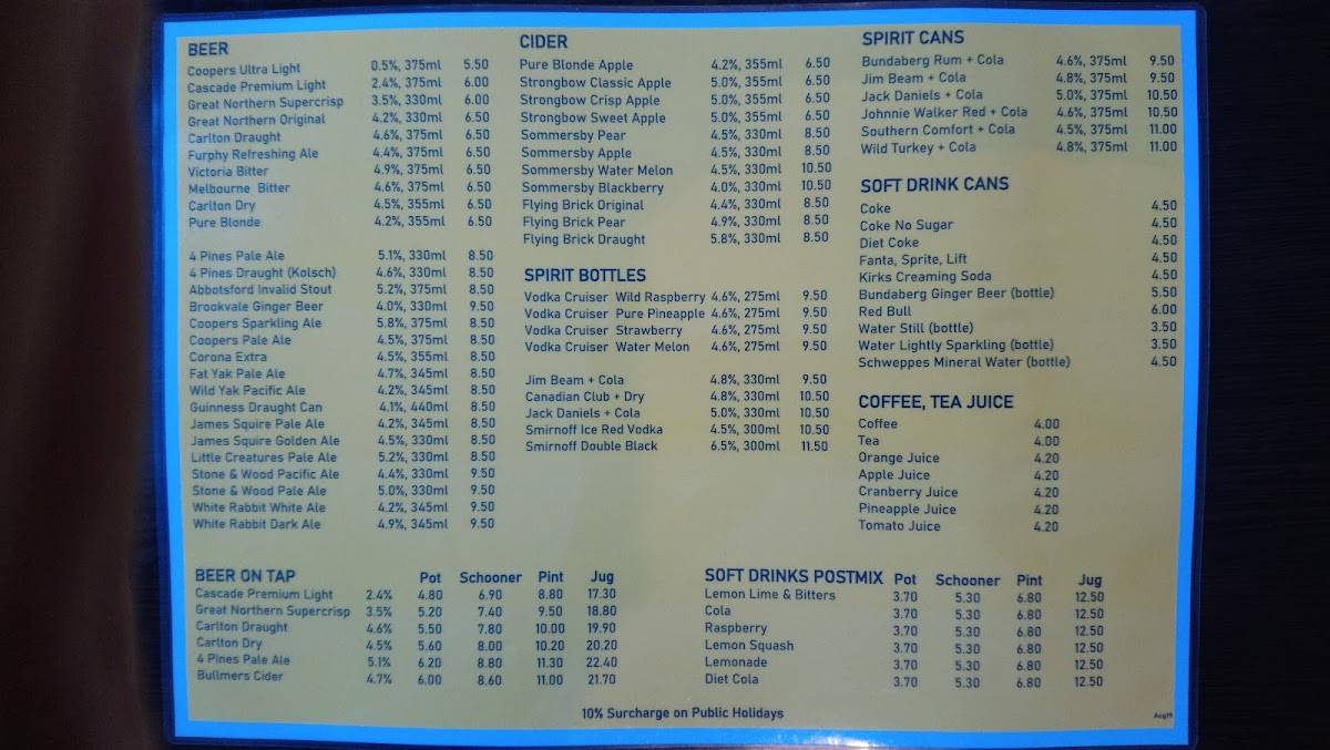 Menu at Sir Charles Darling Hotel restaurant, Geelong