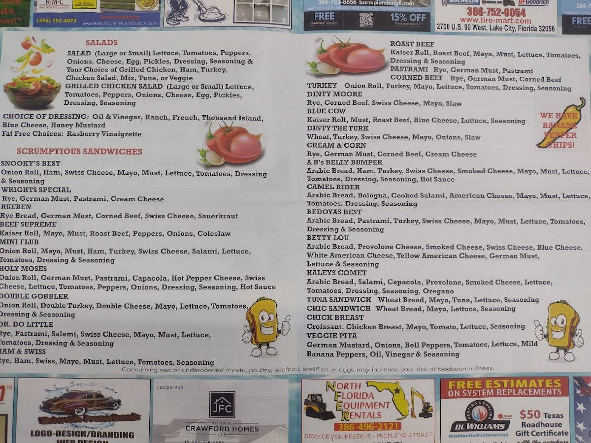 Menu at Skip’s Deli restaurant, Lake City