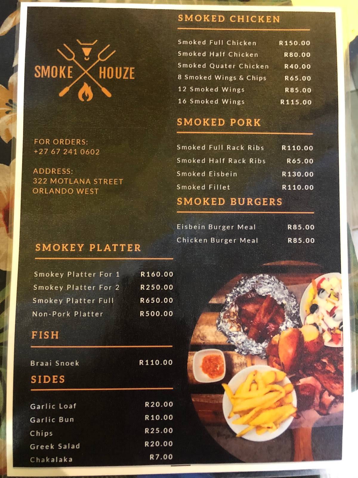 Menu at Smokeville restaurant, Soweto, 881 Motlana St