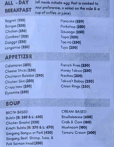 Menu at Sol Victoria's restaurant, Tagaytay