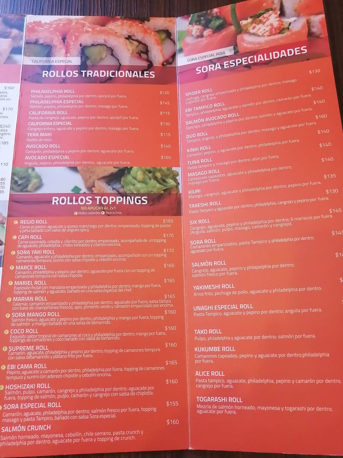 Carta de Sora Sushi Bar, Reynosa