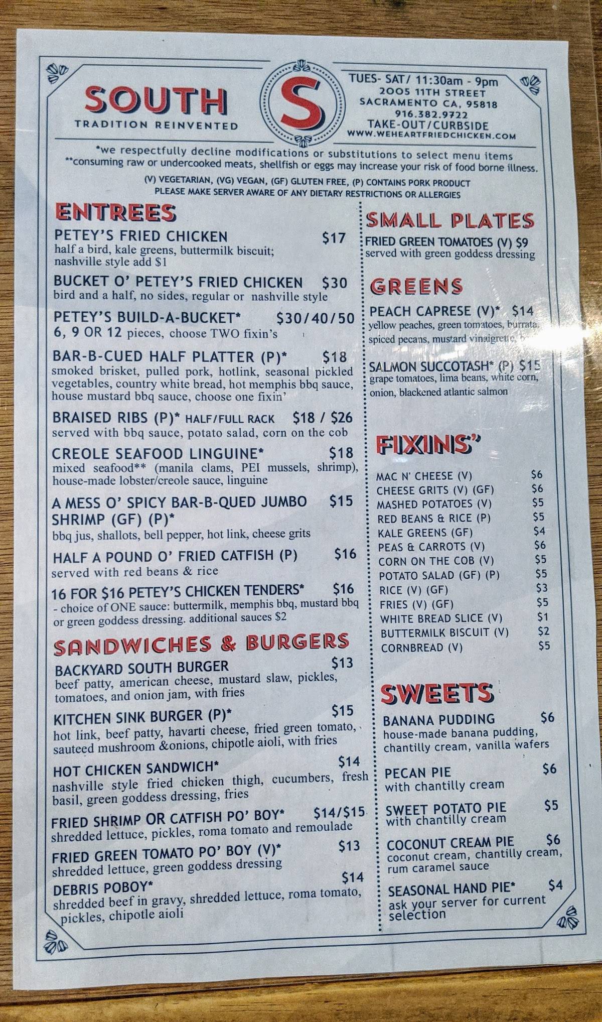 Menu at South restaurant, Sacramento