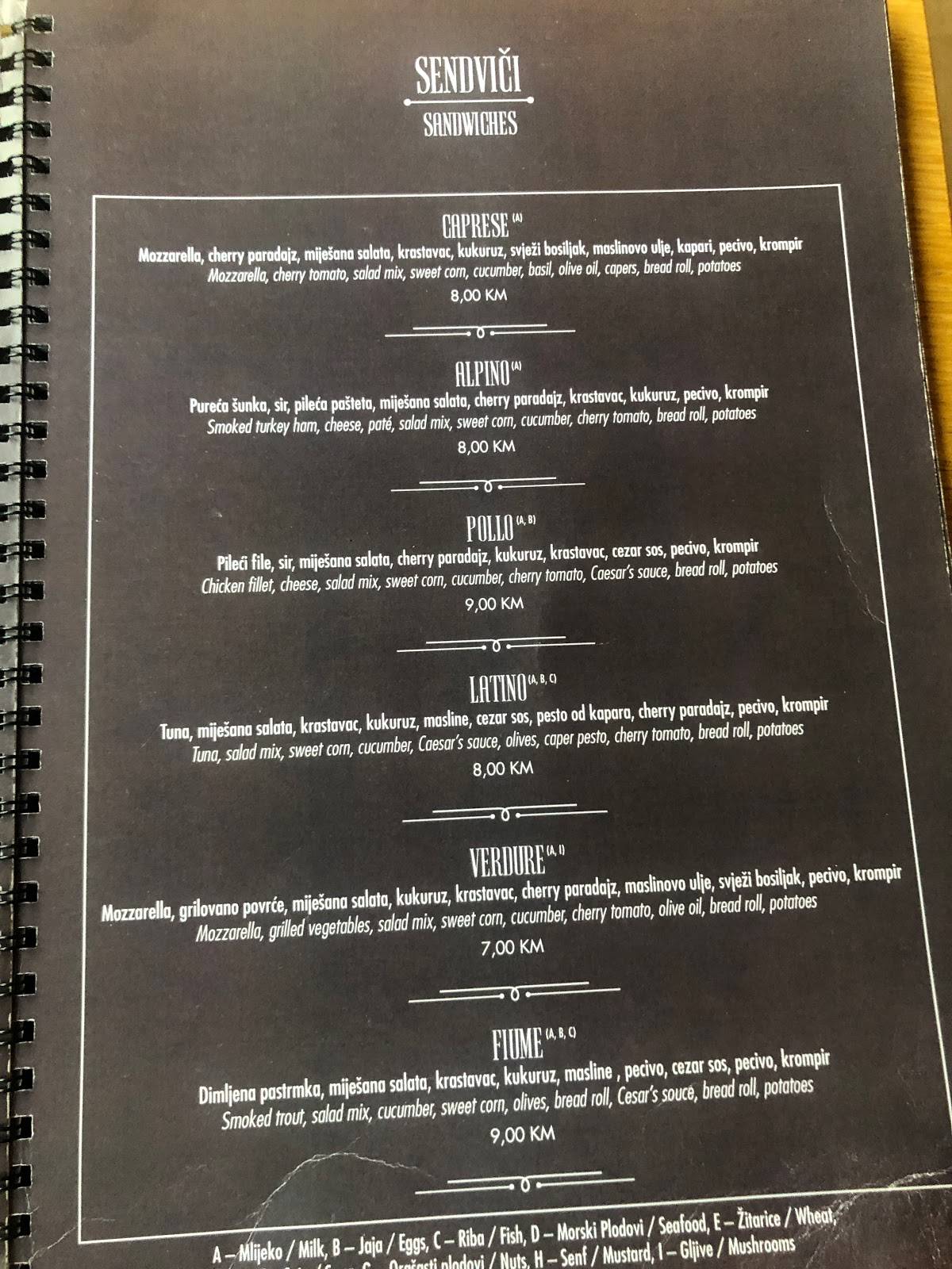 Menu at Spazio Gourmet restaurant, Sarajevo