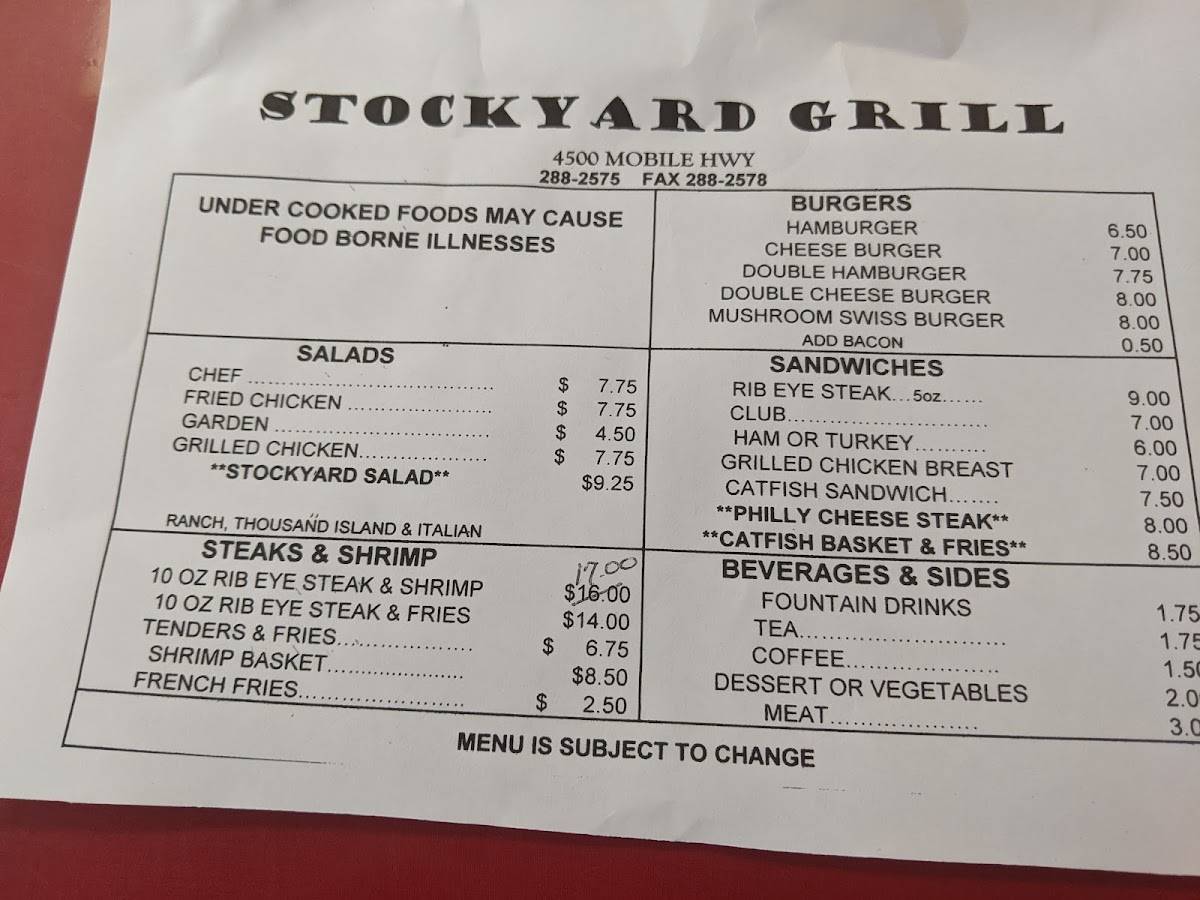 Menu at Stockyard Grill restaurant, Montgomery