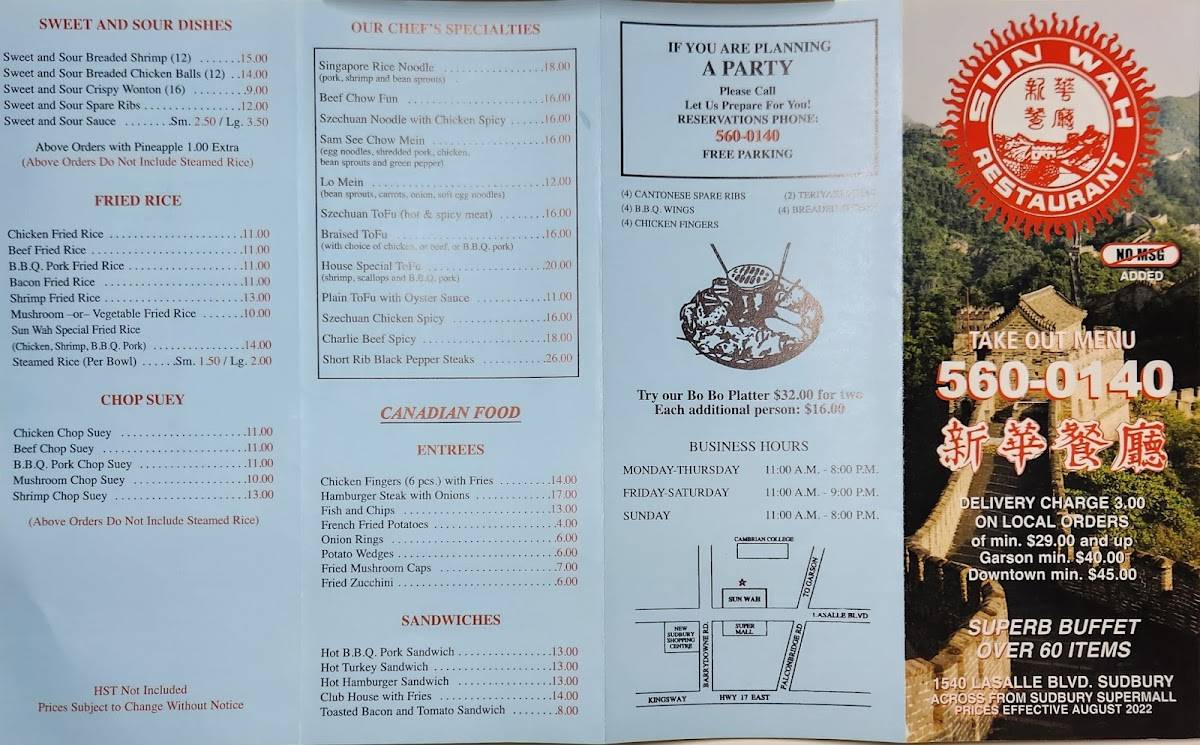 Menu at Sun Wah restaurant, Sudbury