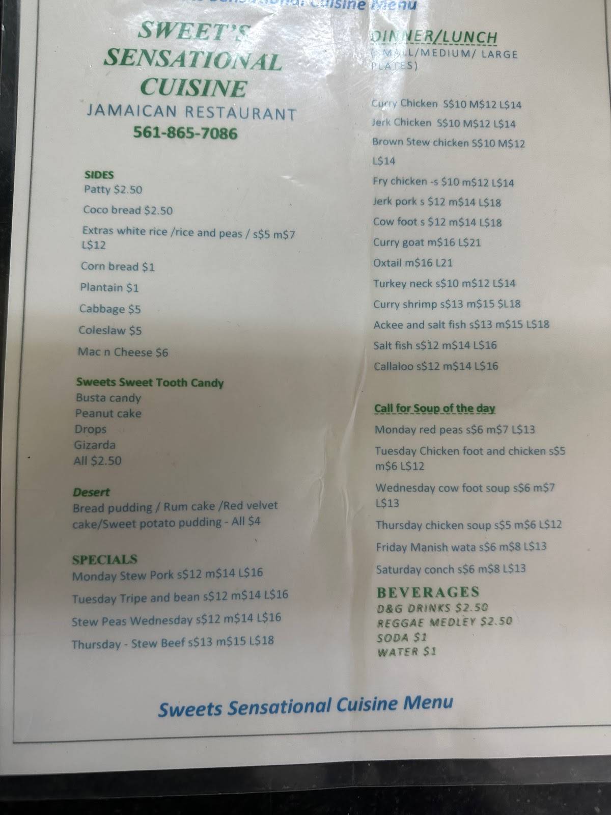 Menu at Sweet's Sensational restaurant, Delray Beach