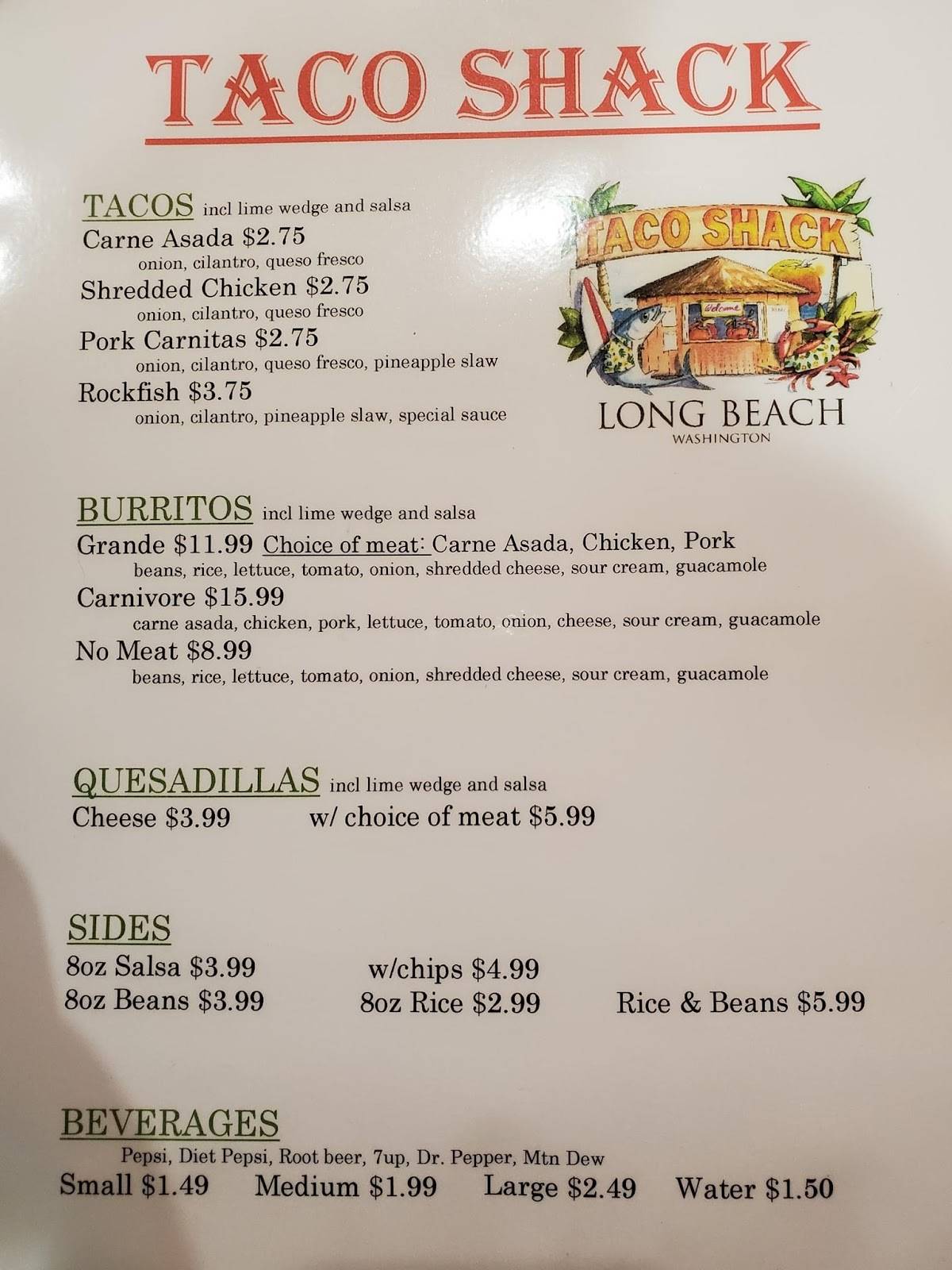 Menu at Taco Shack restaurant, Long Beach