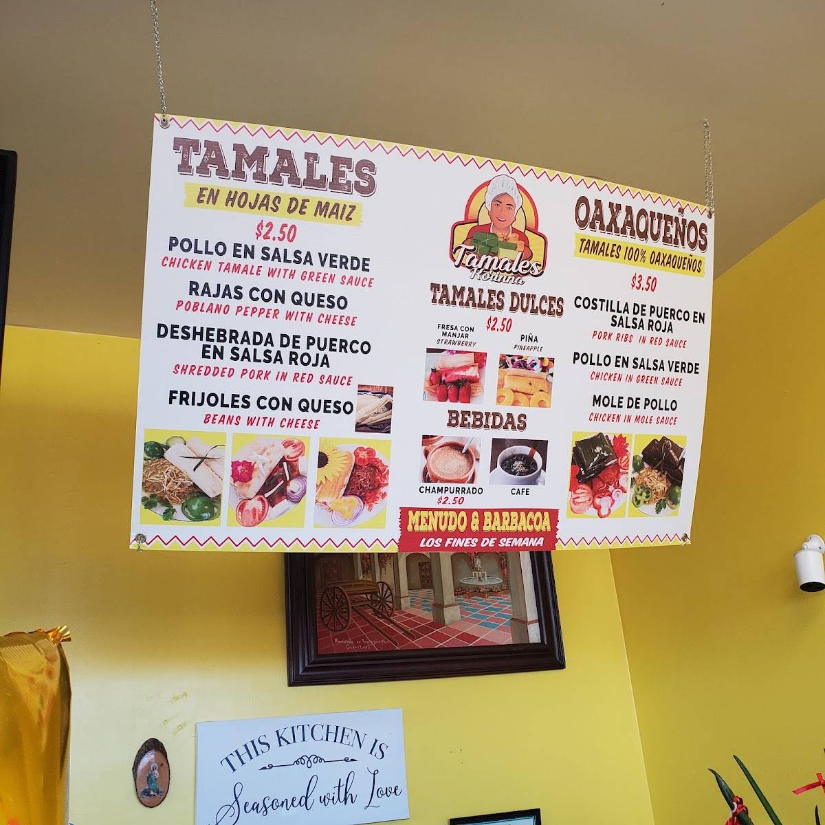 Menu at Tamales Korinna restaurant, Joliet