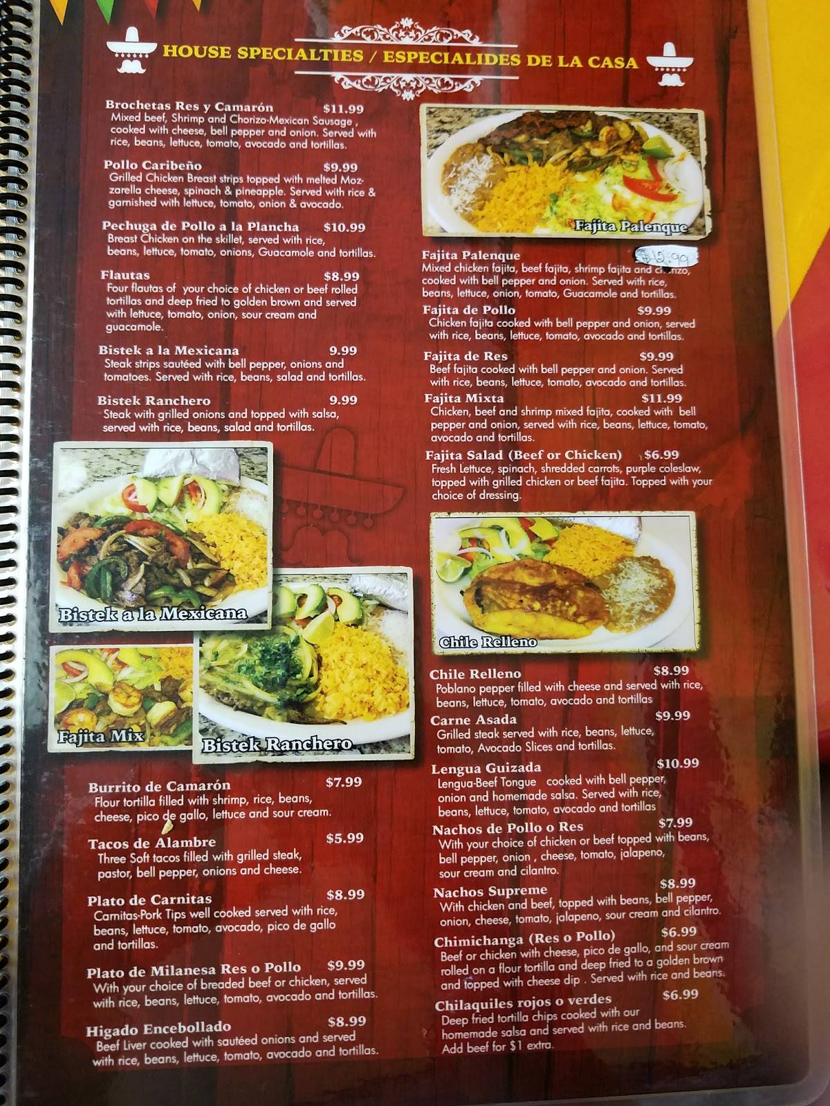 Menu at Taqueria El Palenque restaurant, Little Rock
