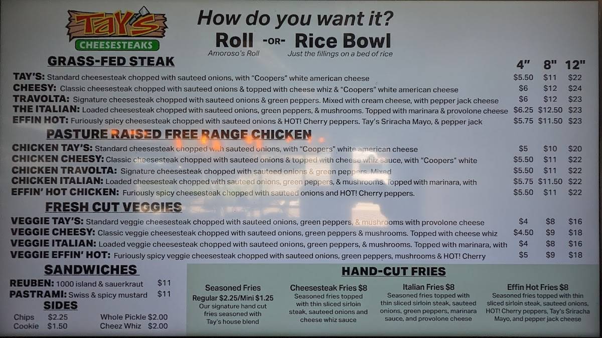 Menu at Tay’s Cheesesteak restaurant, Kansas City