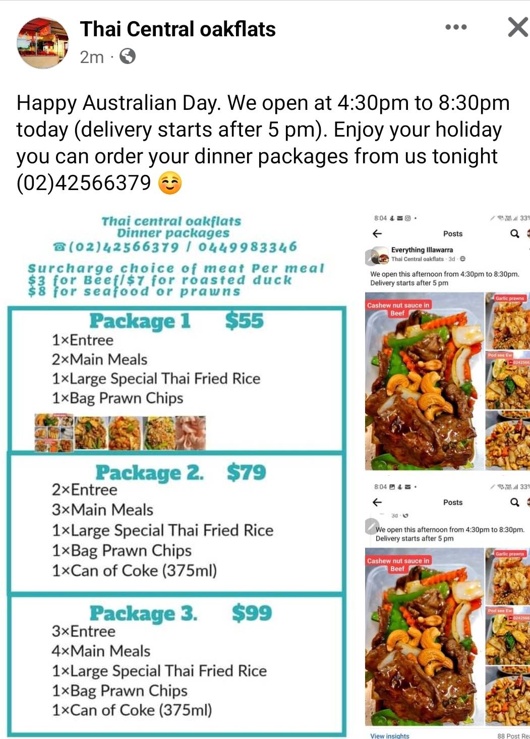 Menu at Thai Central in oak flats restaurant, Oak Flats