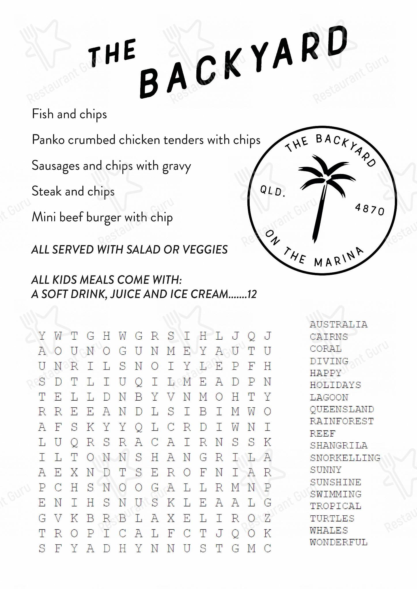 Menu at The Backyard Cairns restaurant, Cairns