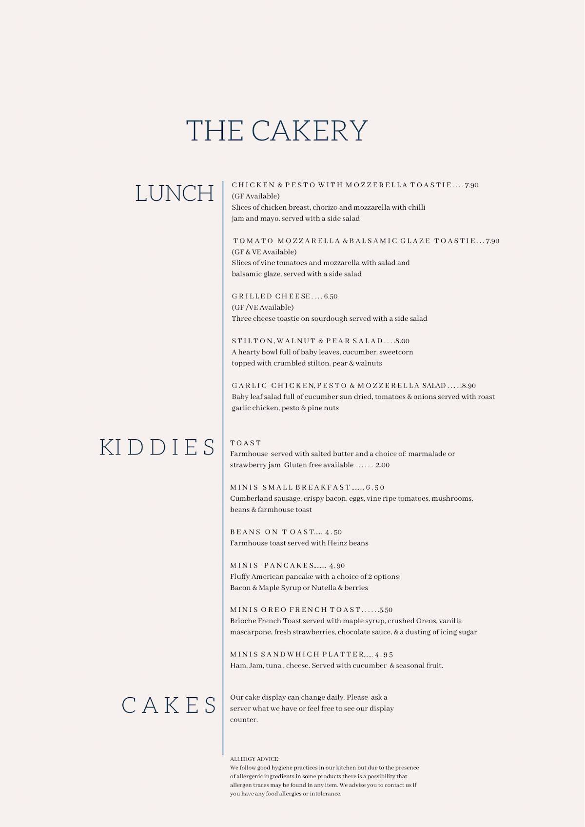 Menu at The Cakery restaurant, Halifax