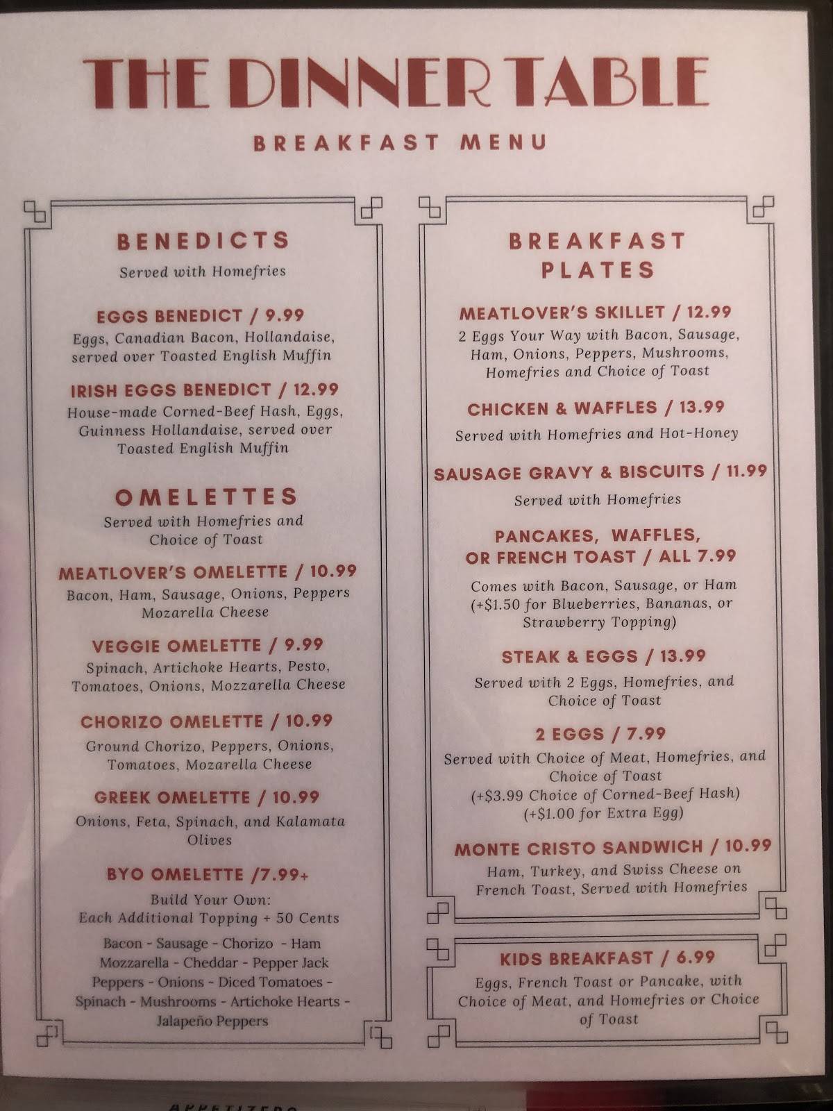 Menu at The Dinner Table restaurant, Swanzey, 121 Old Homestead Hwy