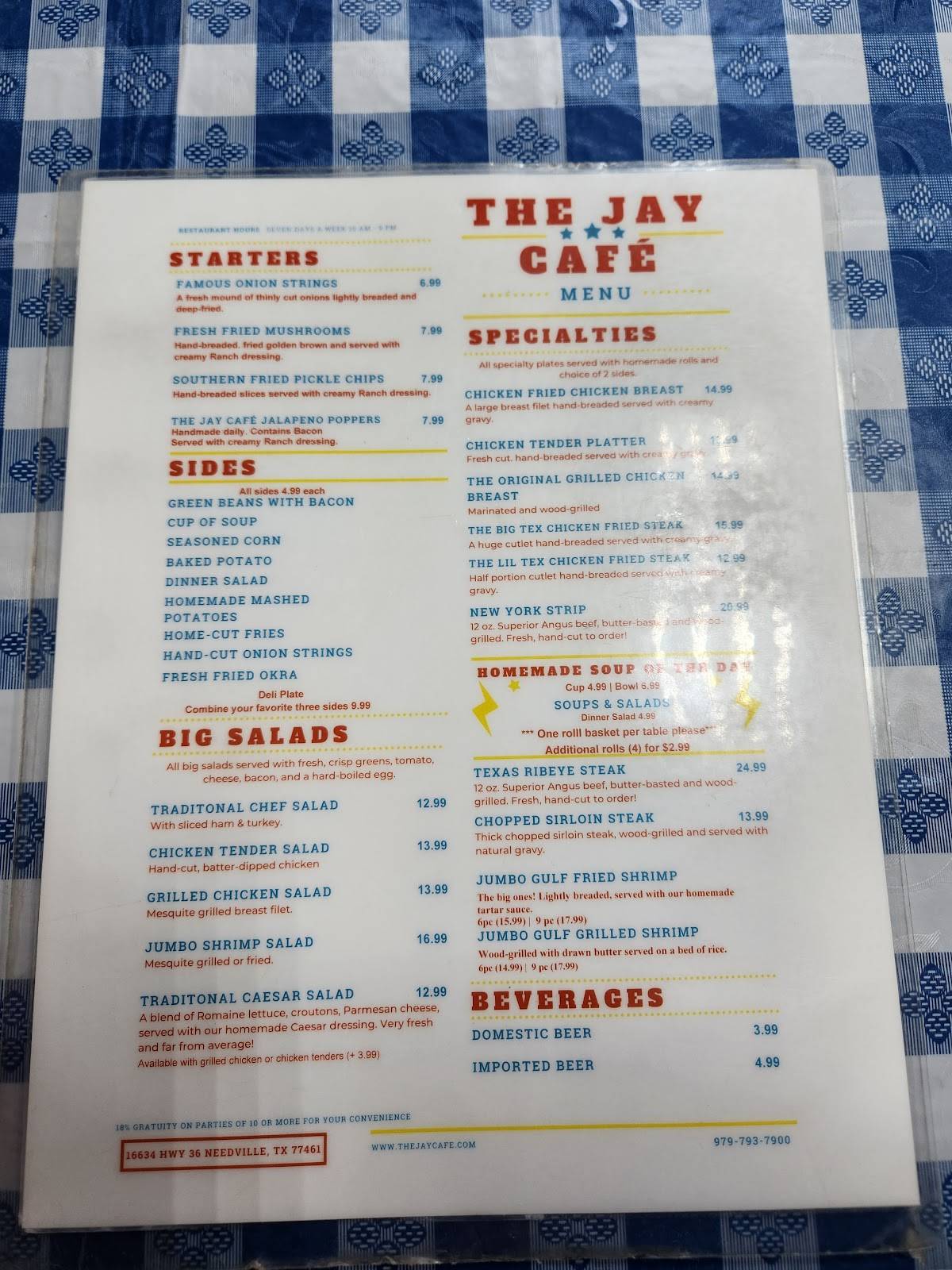 Menu at The Jay Cafe, Needville