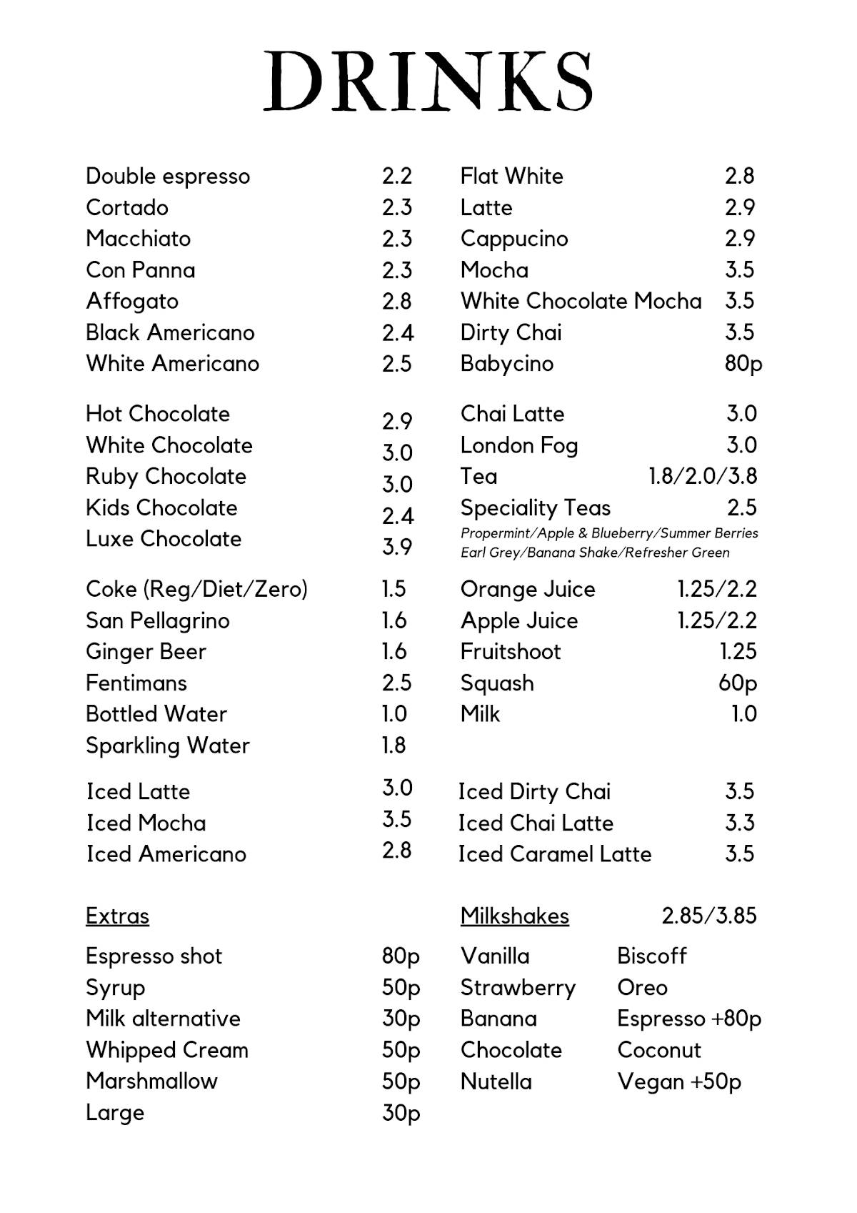 Menu at The Margin Cafe, Southam
