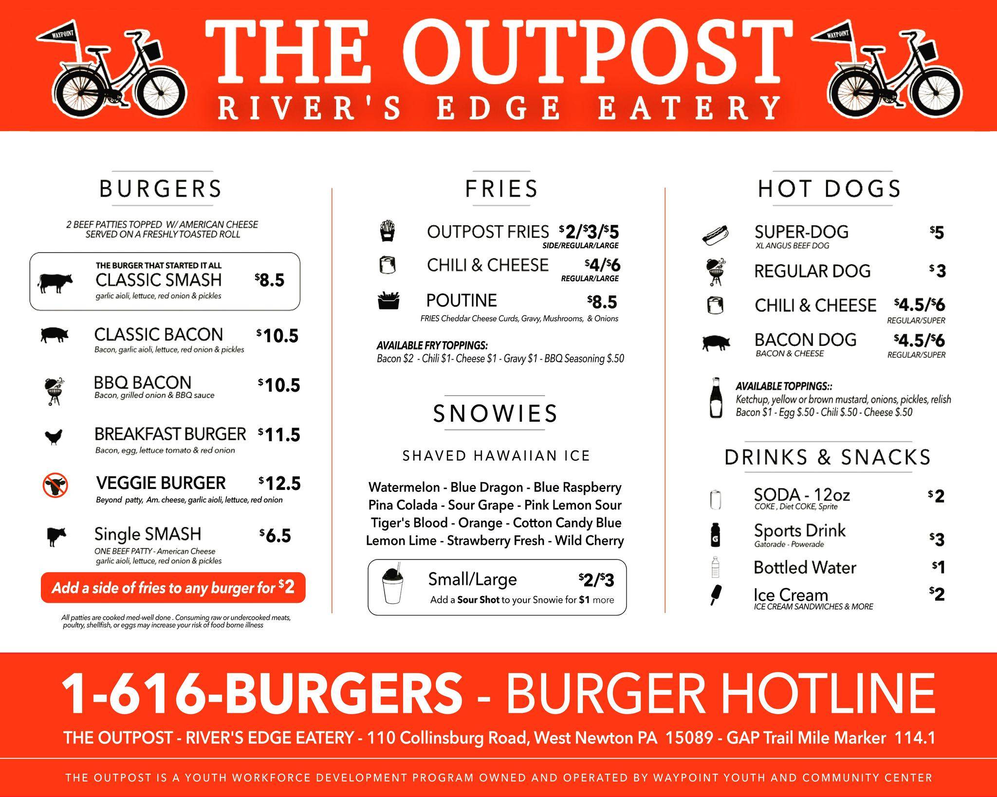 Menu at The Outpost River's Edge Eatery restaurant, West Newton