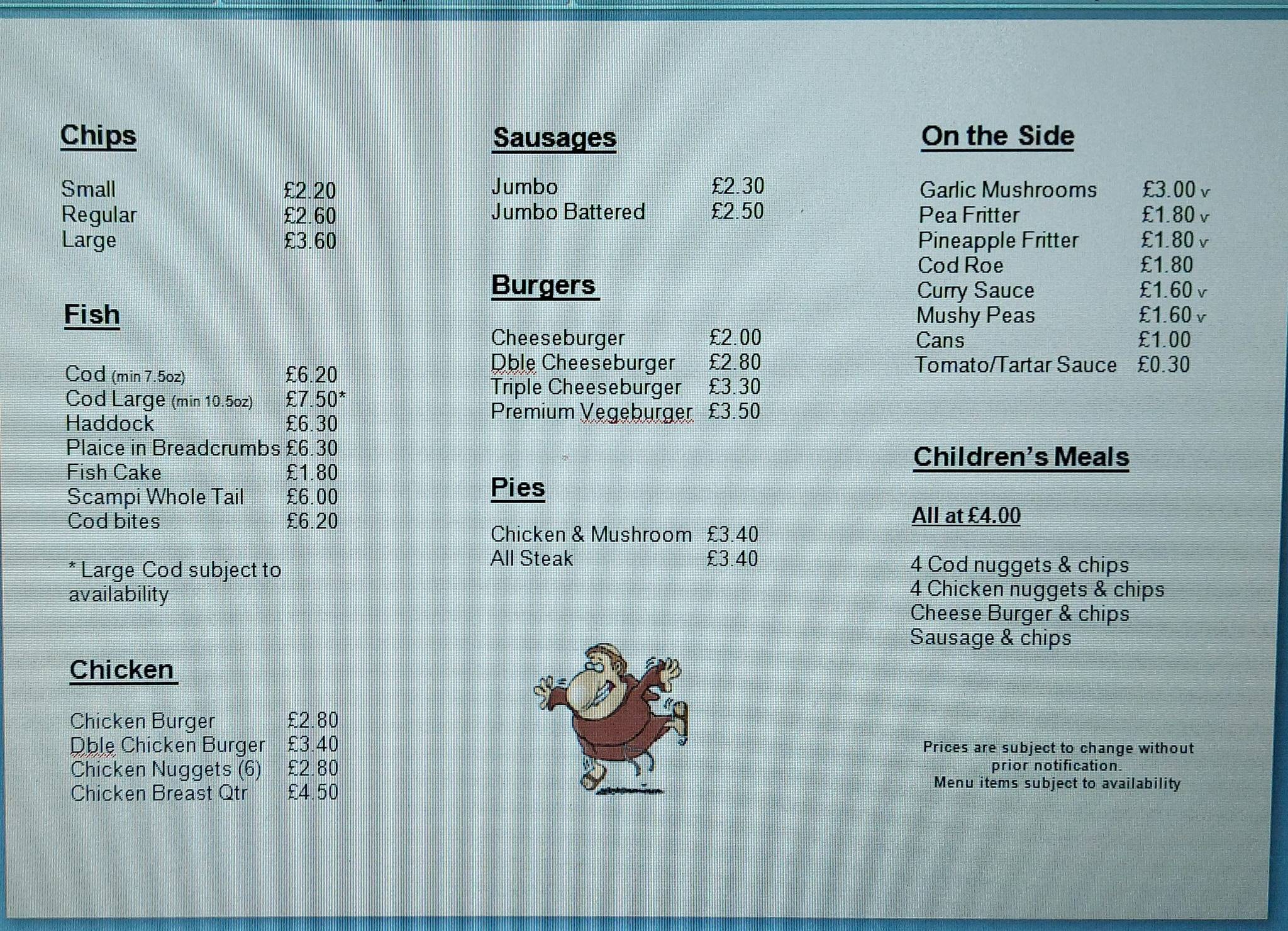 Menu at The Pilgrim Fryer restaurant, England