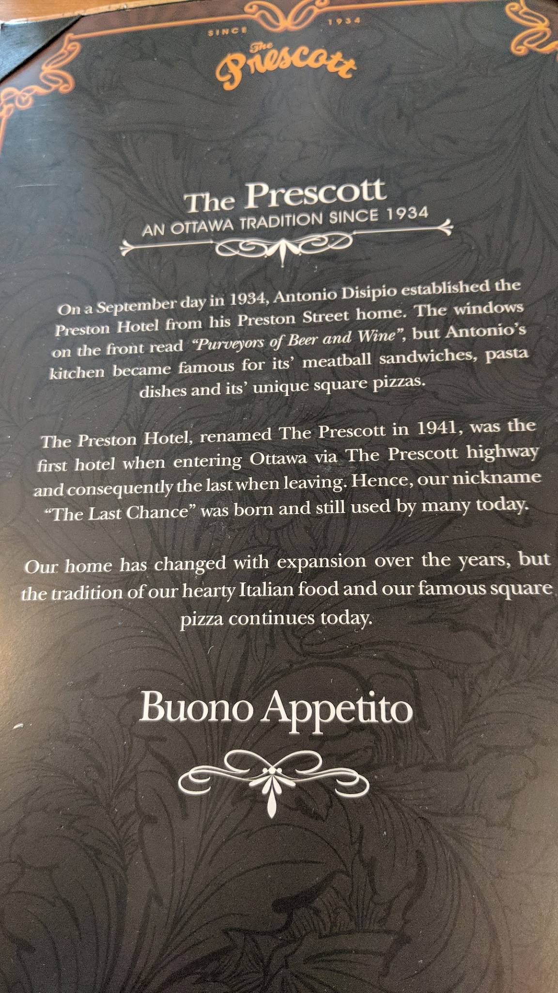 Menu at The Prescott restaurant, Ottawa