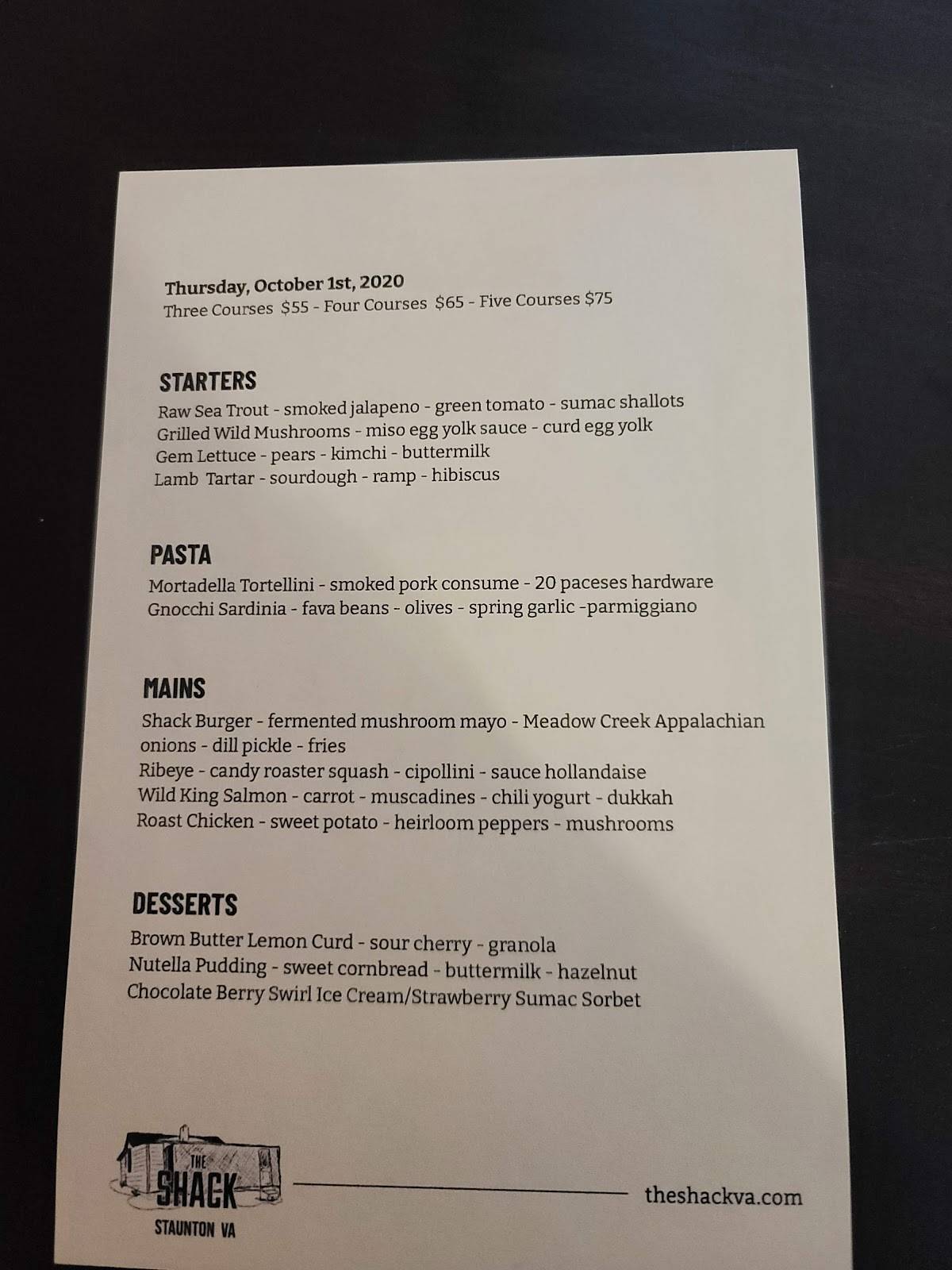 Menu at The Shack restaurant, Staunton