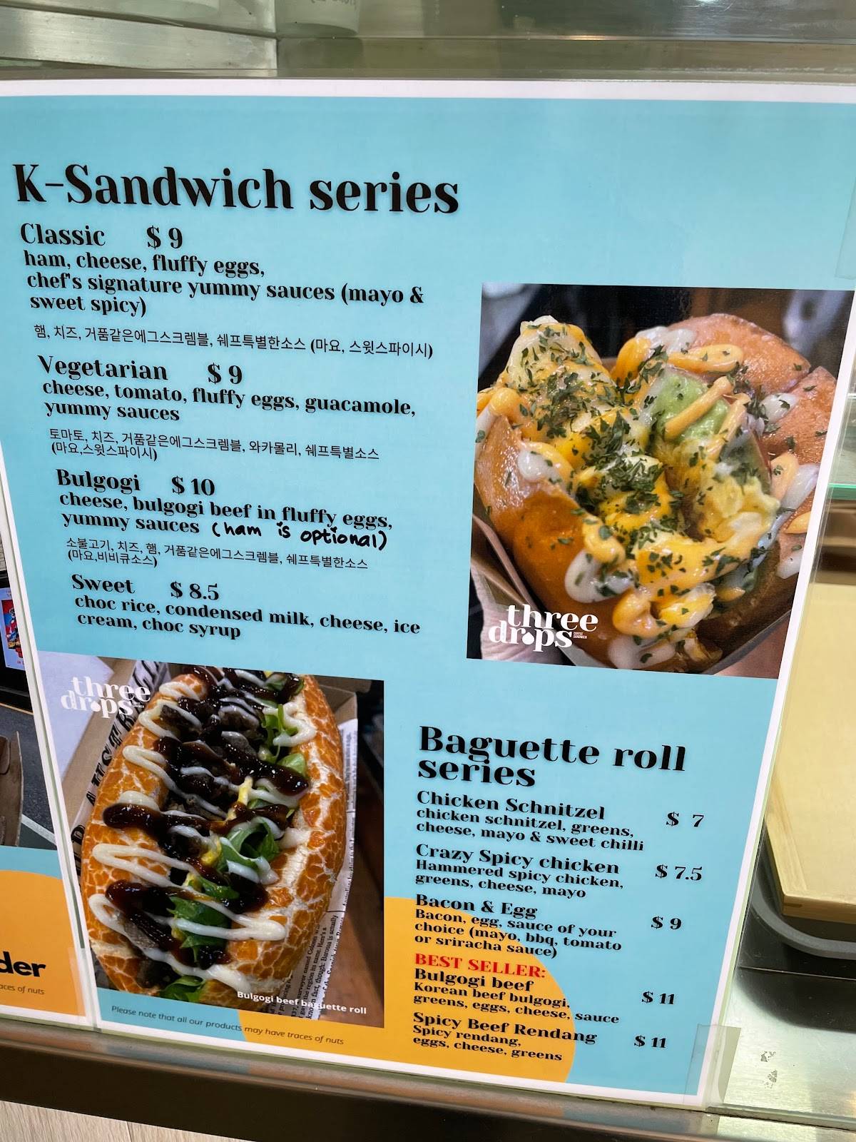 Menu at Three Drops Coffee & Sandwich restaurant, Melbourne