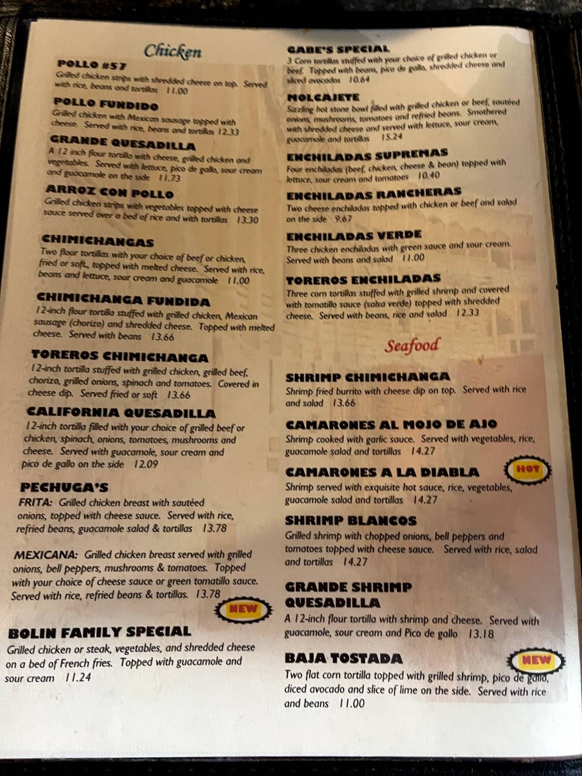 Menu at Torero's Fine Mexican Food restaurant, Enterprise