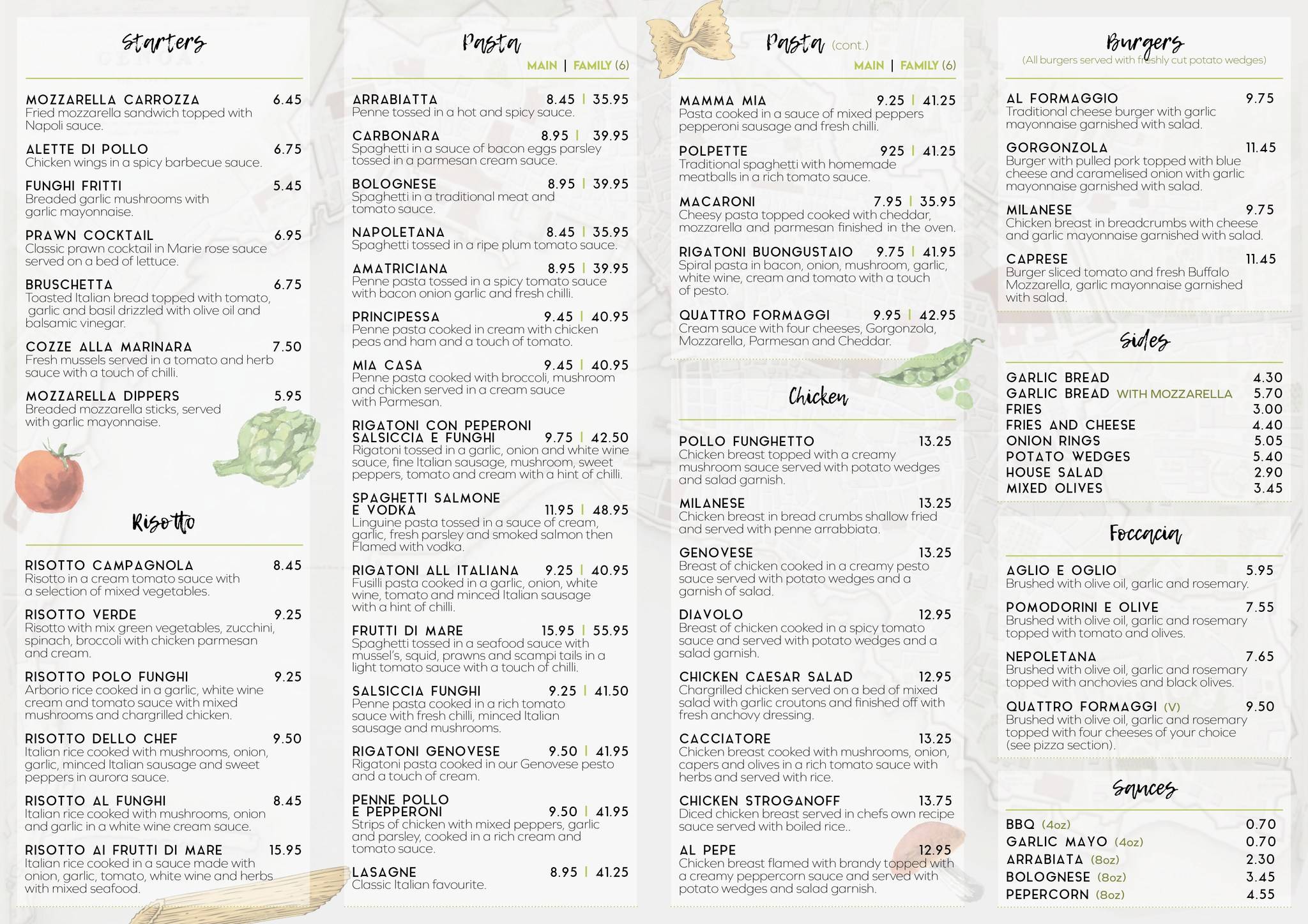Menu at Trattoria Genova restaurant, Paisley