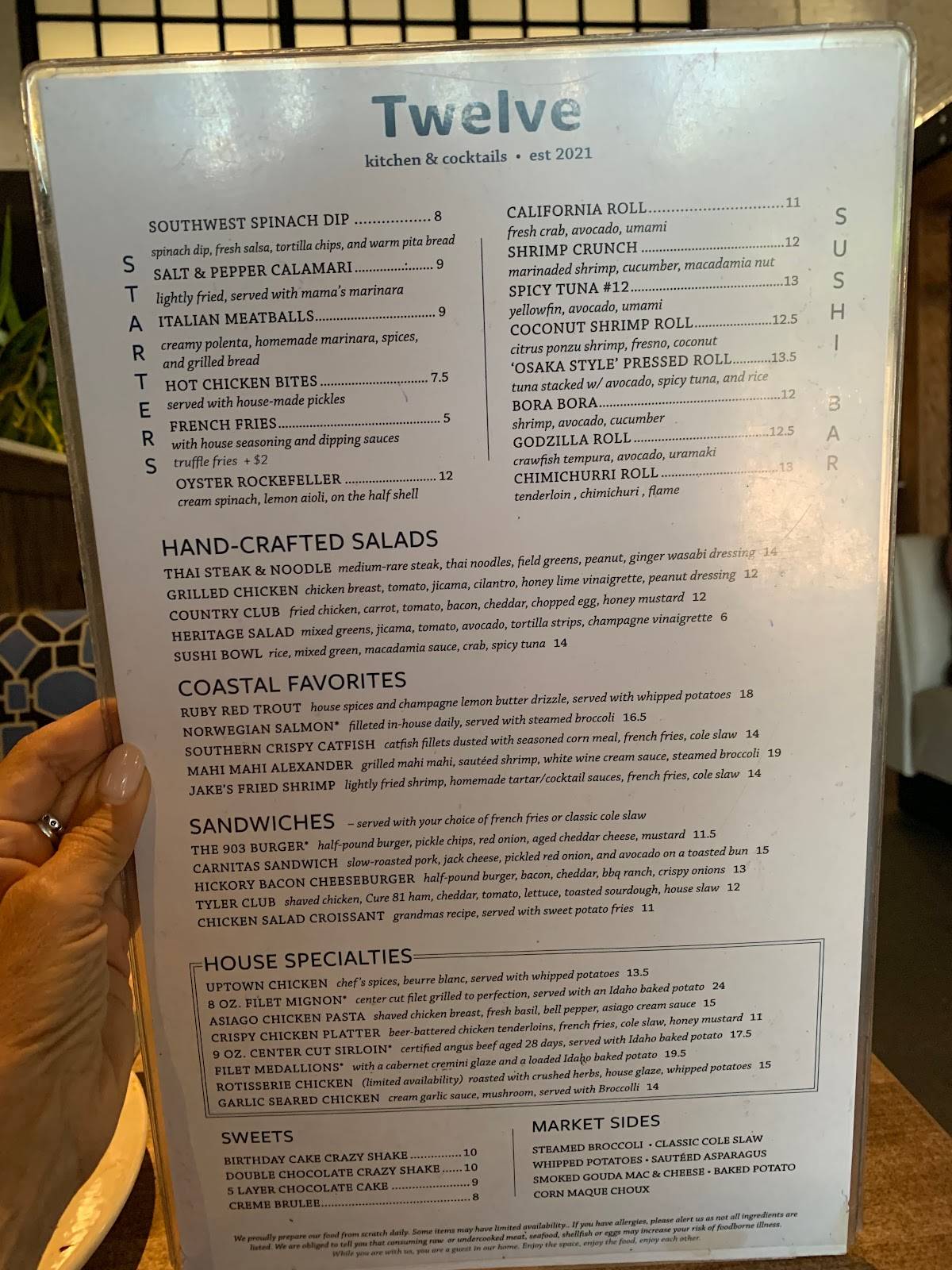 Menu at Twelve restaurant, Tyler