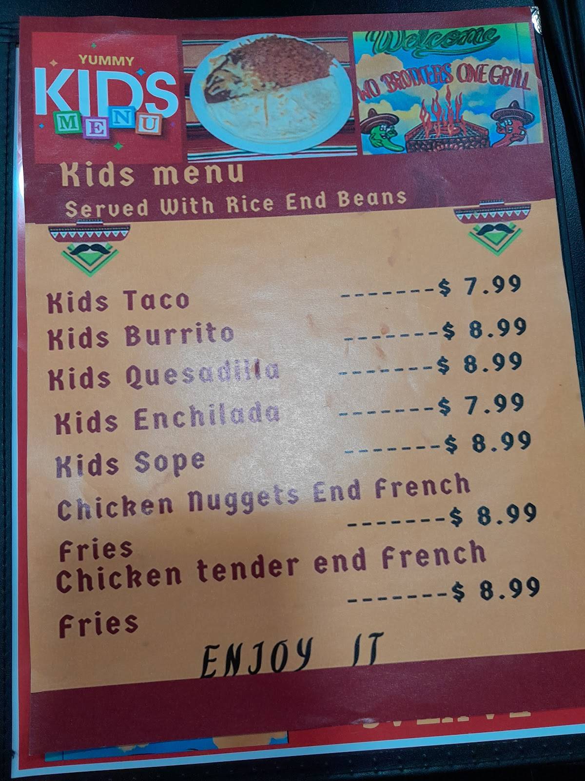 Menu at Two Brothers One grill restaurant, Bartow
