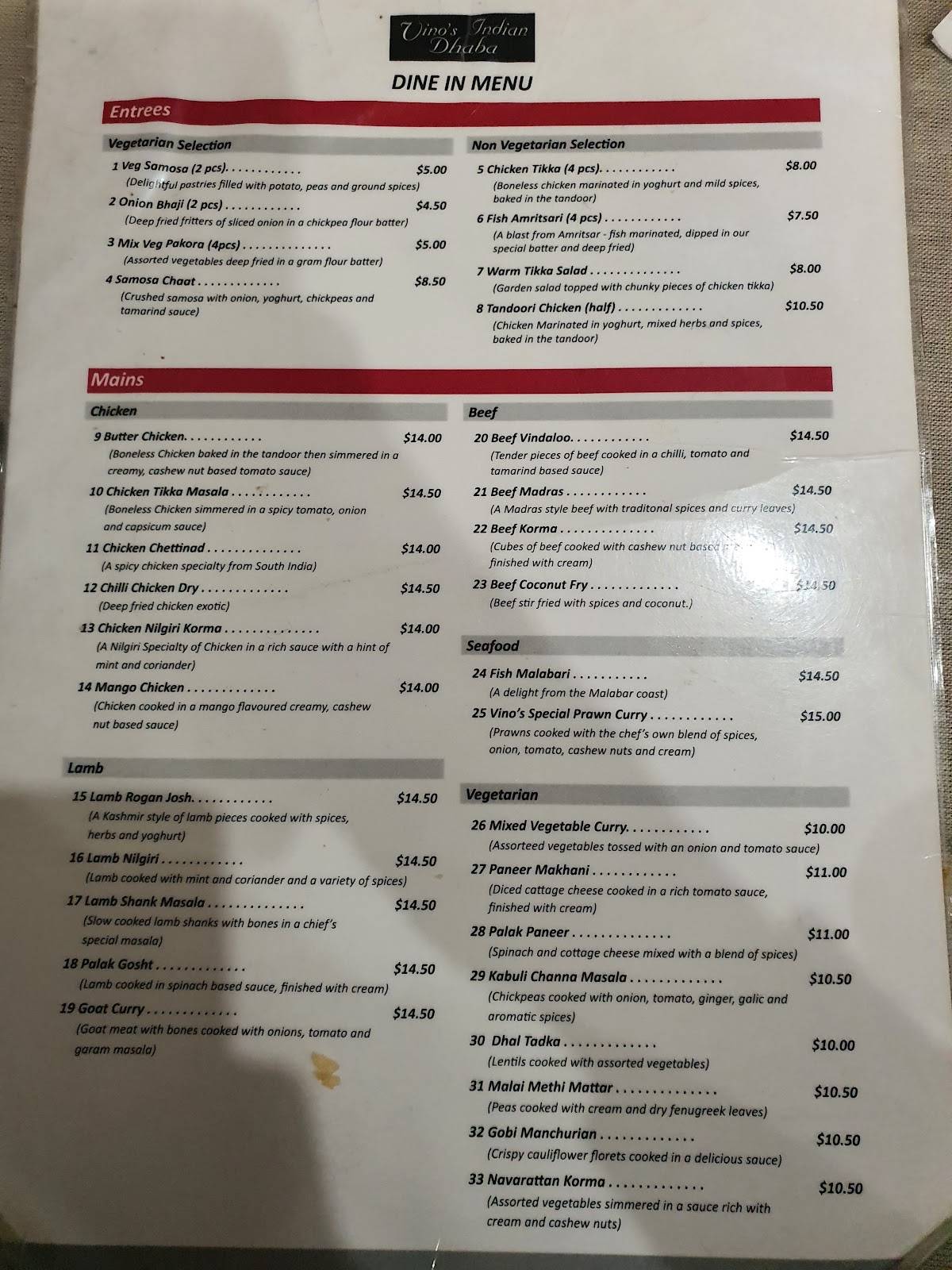 Menu at Vino's Indian Dhaba restaurant, Brooklyn Park