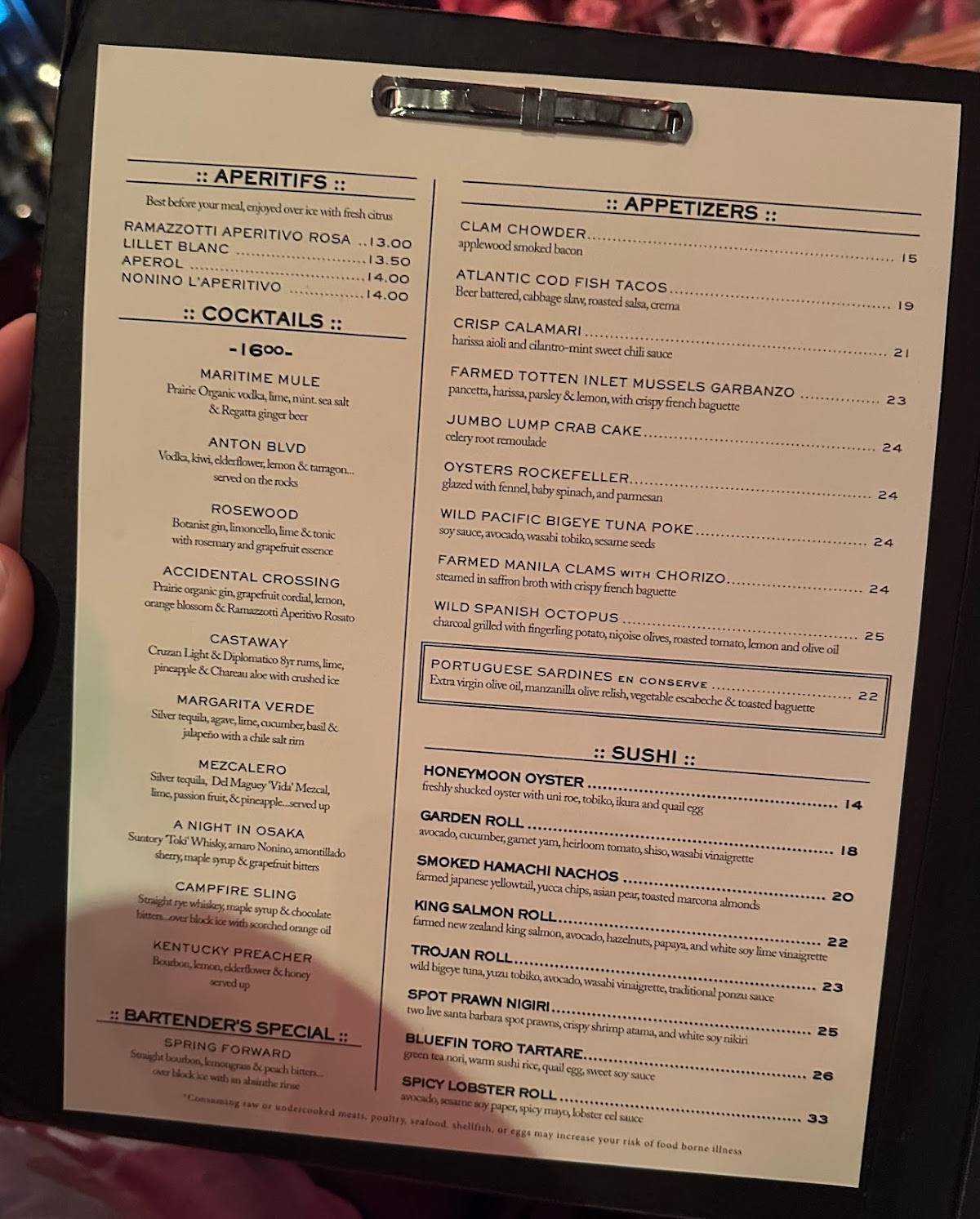 Menu at Water Grill restaurant, Costa Mesa