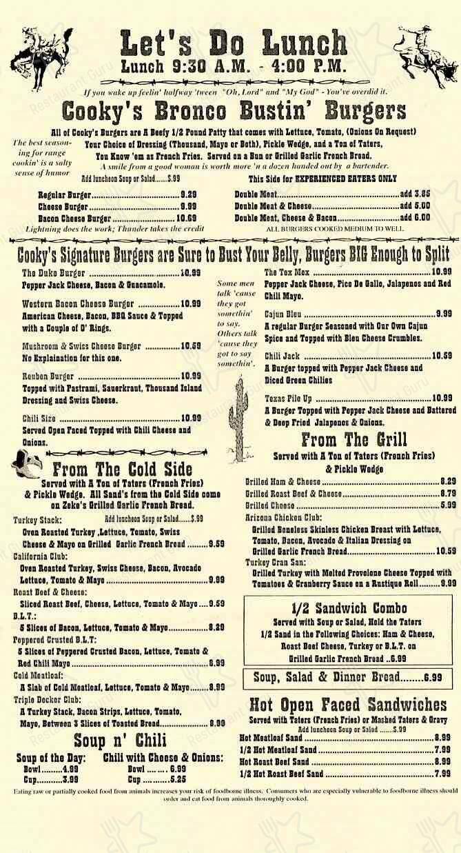 Menu at Zeke's Eatin' Place restaurant, Prescott