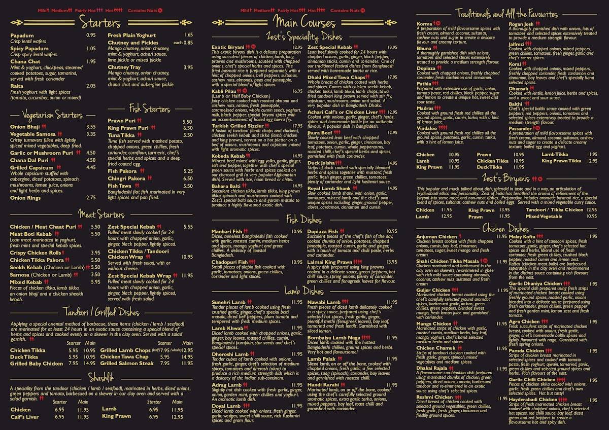 Menu at Zest Of India, Indian Restaurant, Blackpool, Blackpool, 23 ...