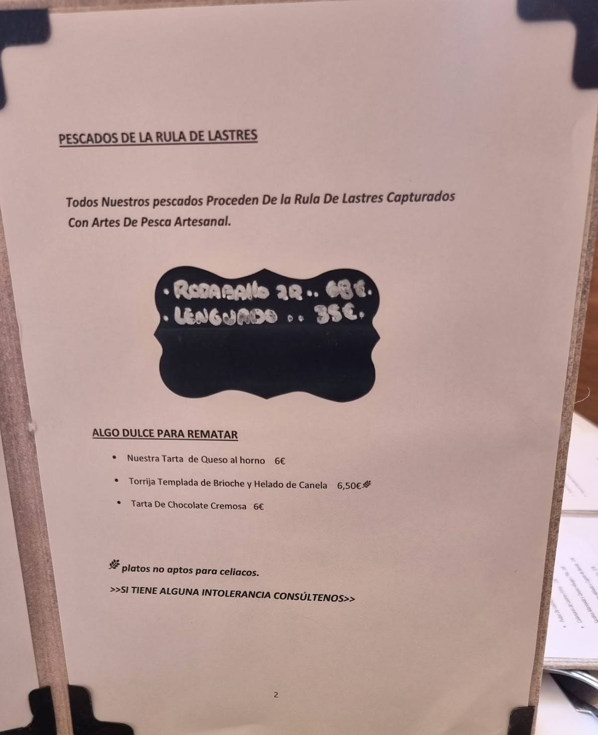 Carta de Restaurante el cafetin, Lastres