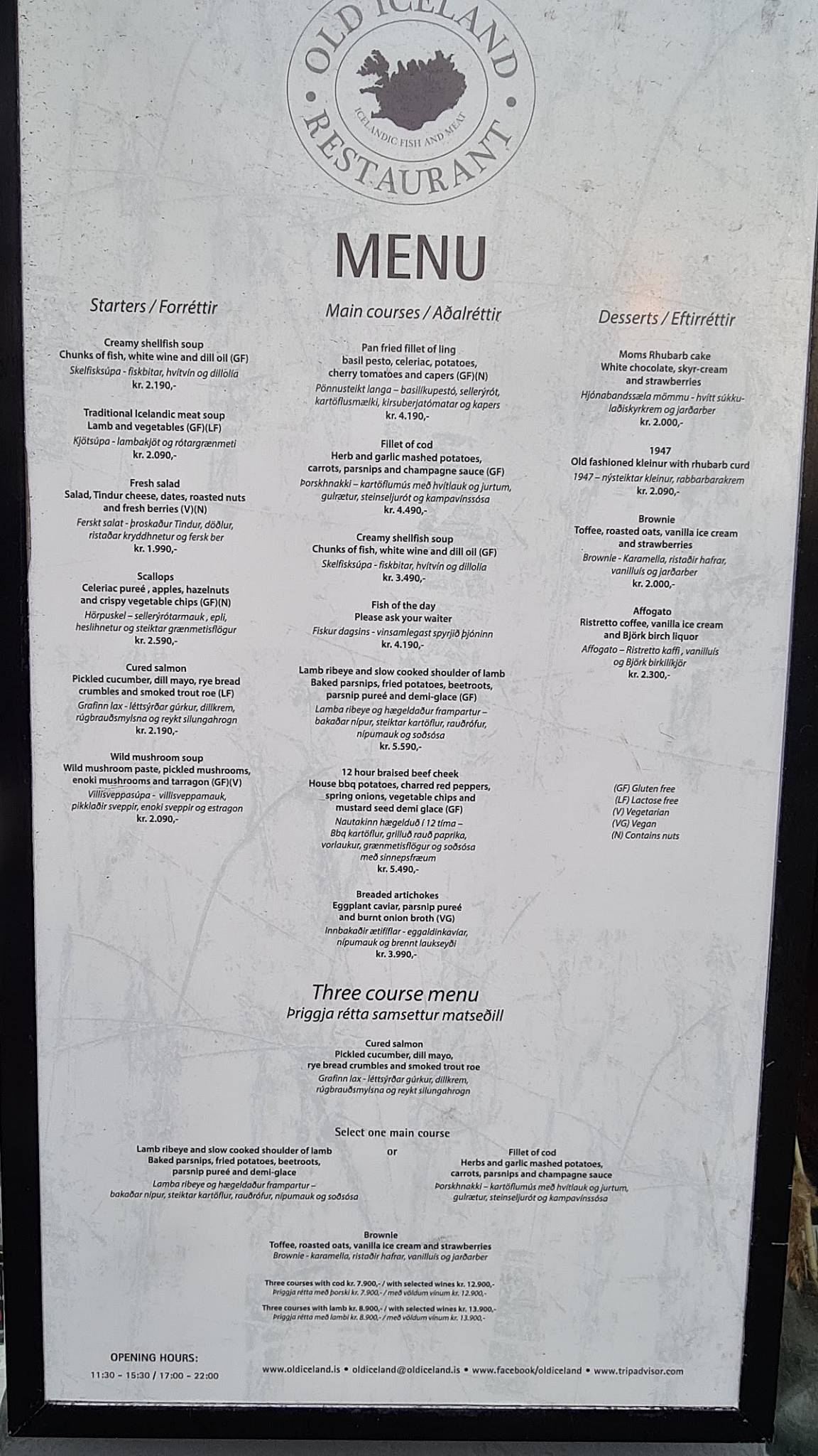 Menu at Old Iceland restaurant, Reykjavík