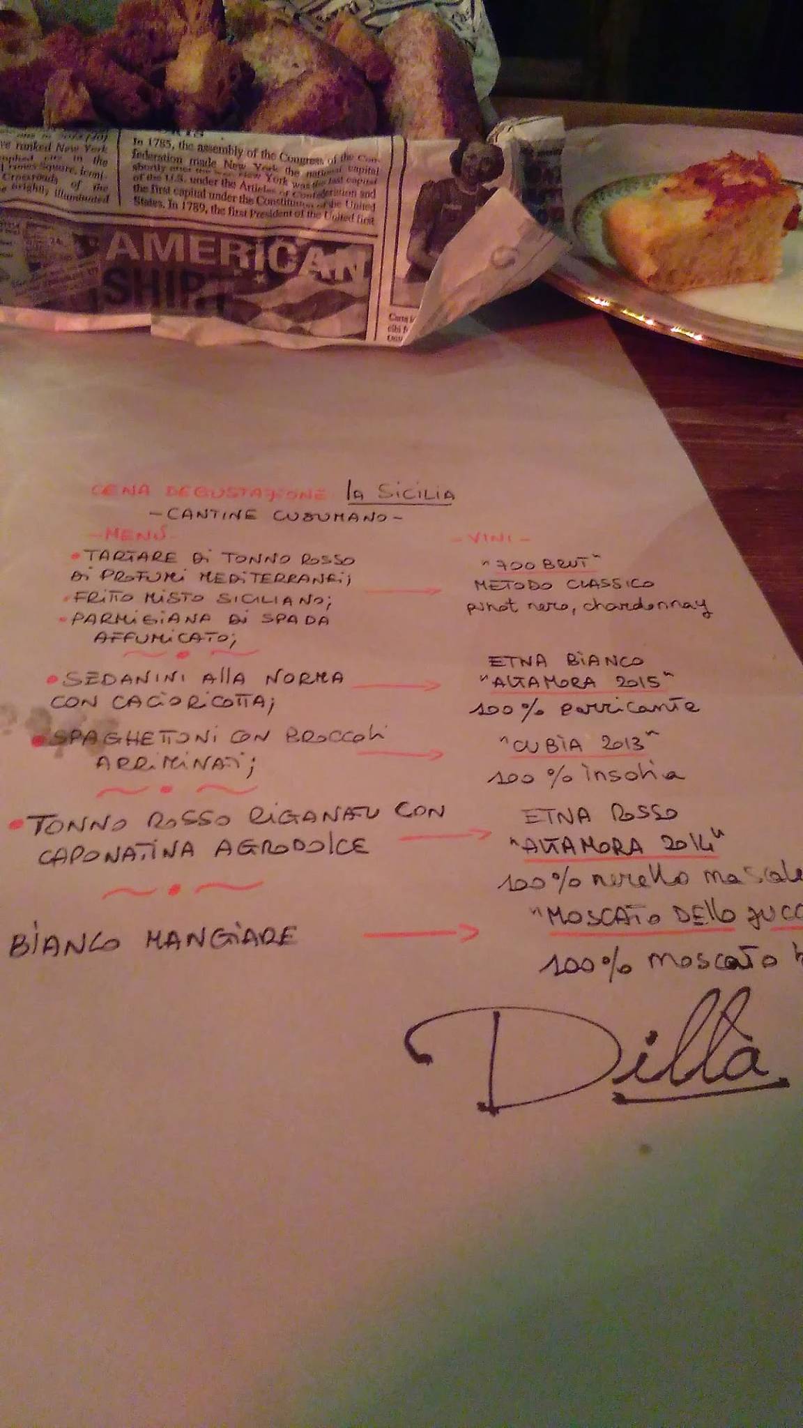 Menu at Ristorante Dillà, Rome